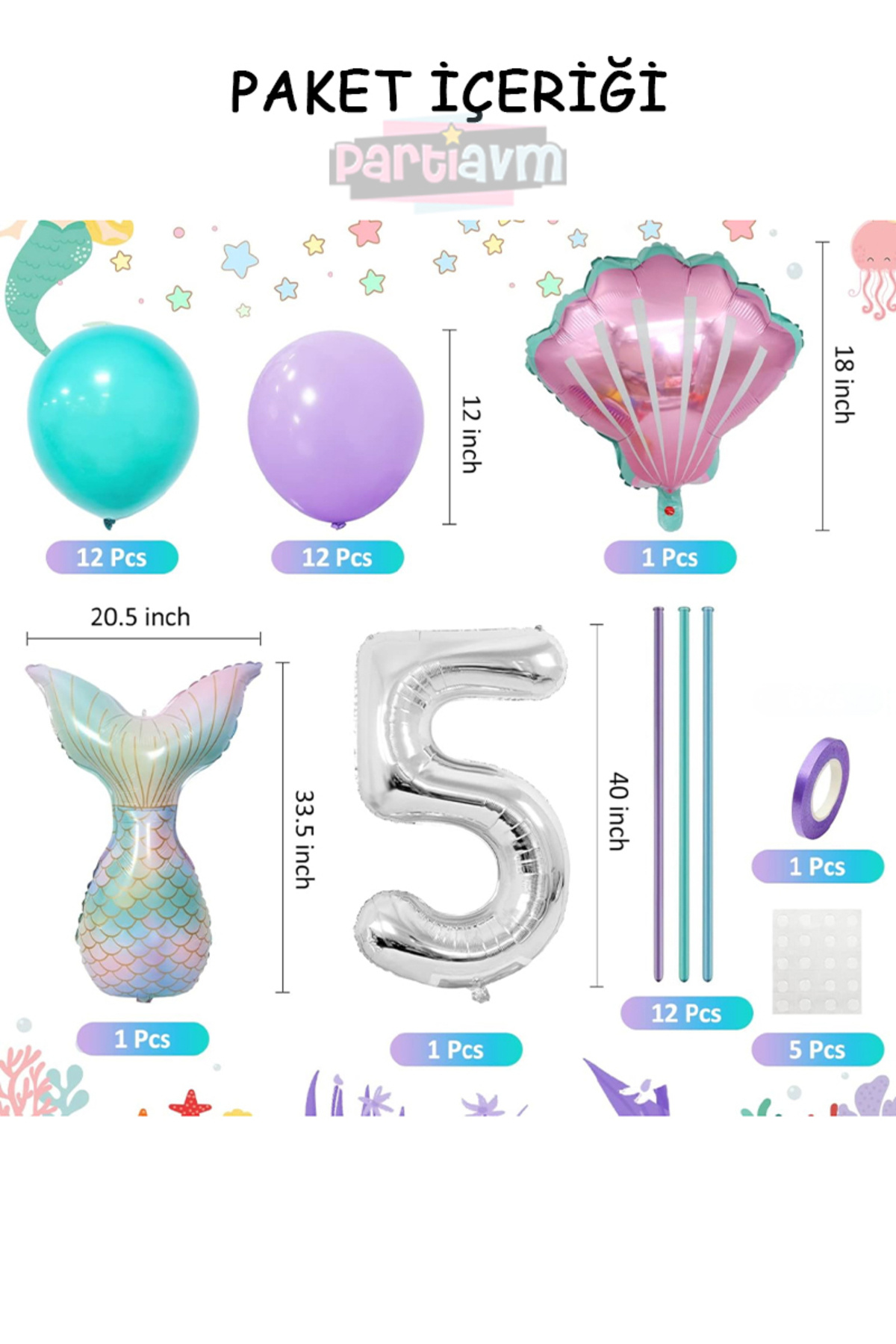 PARTİAVM Deniz Kızı Kuyruğu Deniz Kabuğu 102cm Gümüş Rakam Balon ...