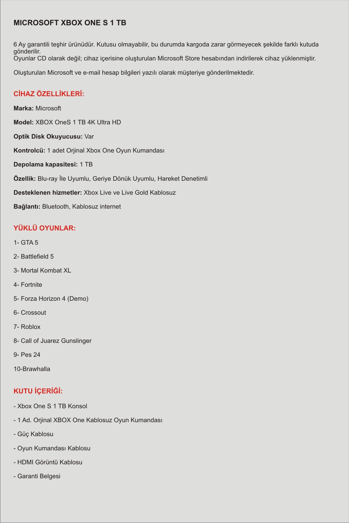 Microsoft XBOX One S 1 TB - Teşhir Cihazı 6 Ay Garantili - GTA 5 Dahil ...