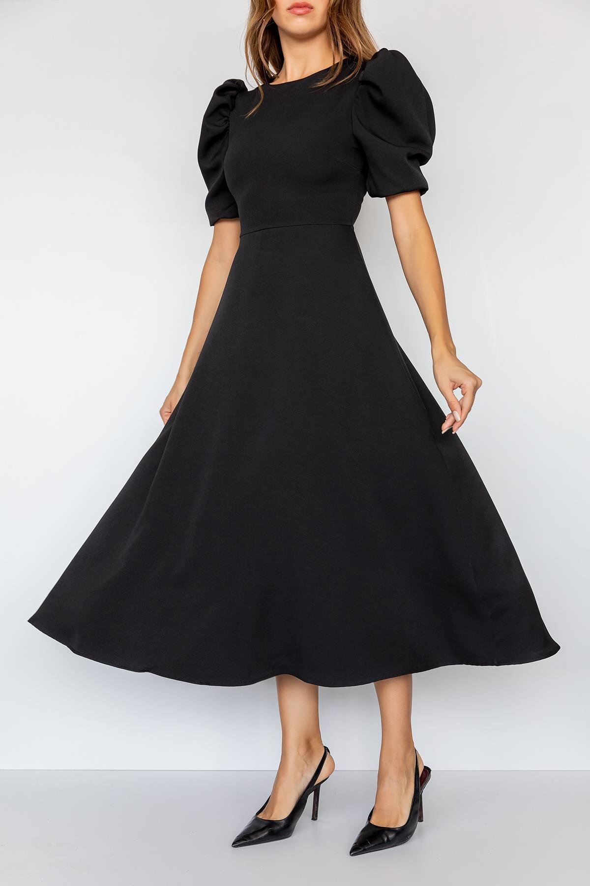 lovebox Balon Kol Yuvarlak Yaka Esnek Scuba Krep Kumaş Midi Boy Kloş Kesim Siyah Abiye Elbise ...