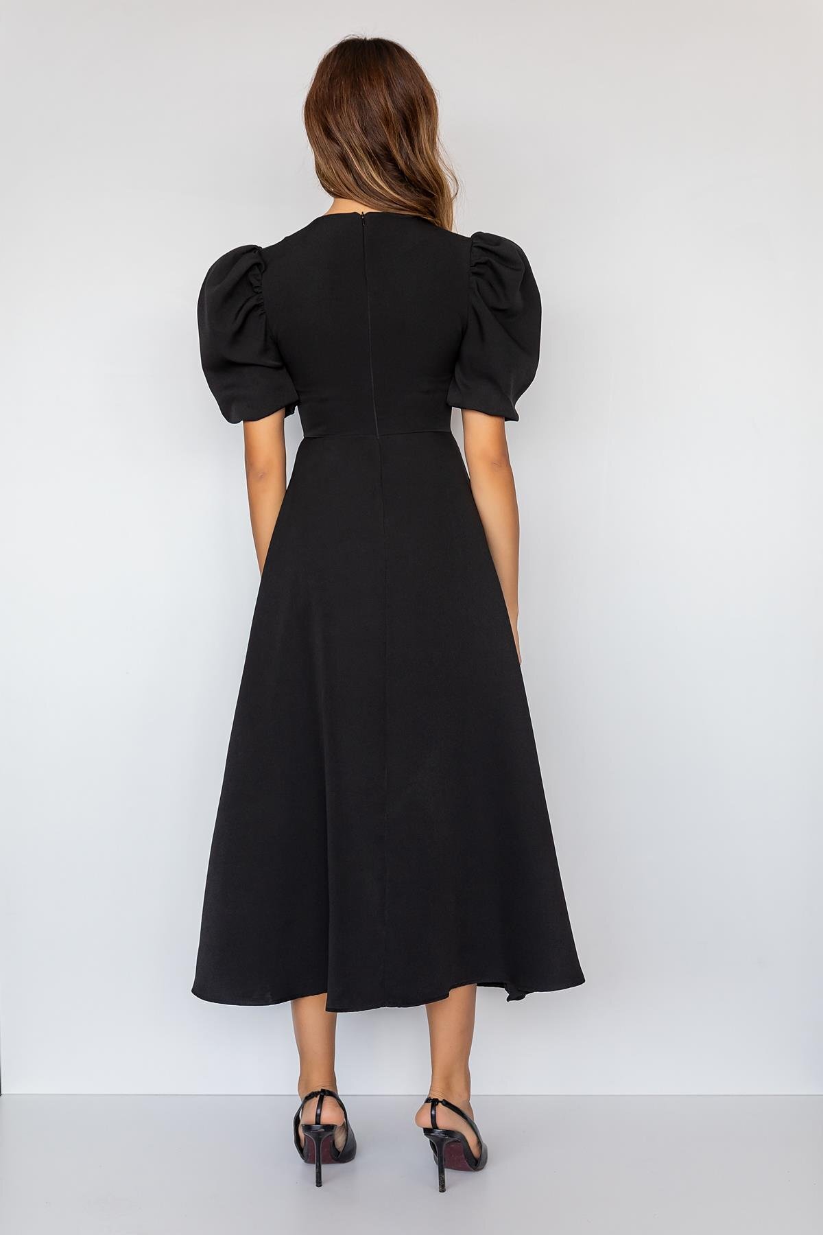 lovebox Balon Kol Yuvarlak Yaka Esnek Scuba Krep Kumaş Midi Boy Kloş Kesim Siyah Abiye Elbise ...