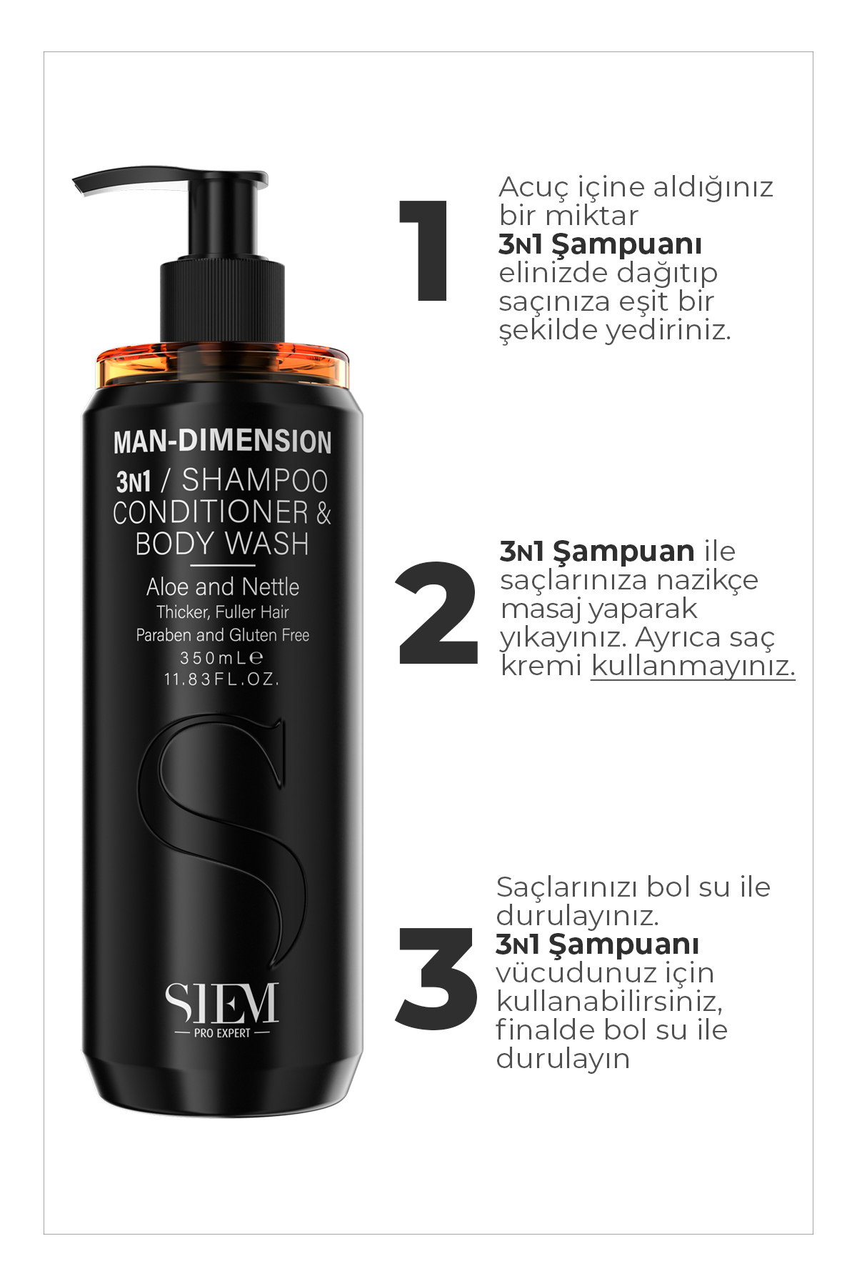SİEM Man Dimension 3in1 Shampoo,conditioner,shower Gel Isırgan Otu ...
