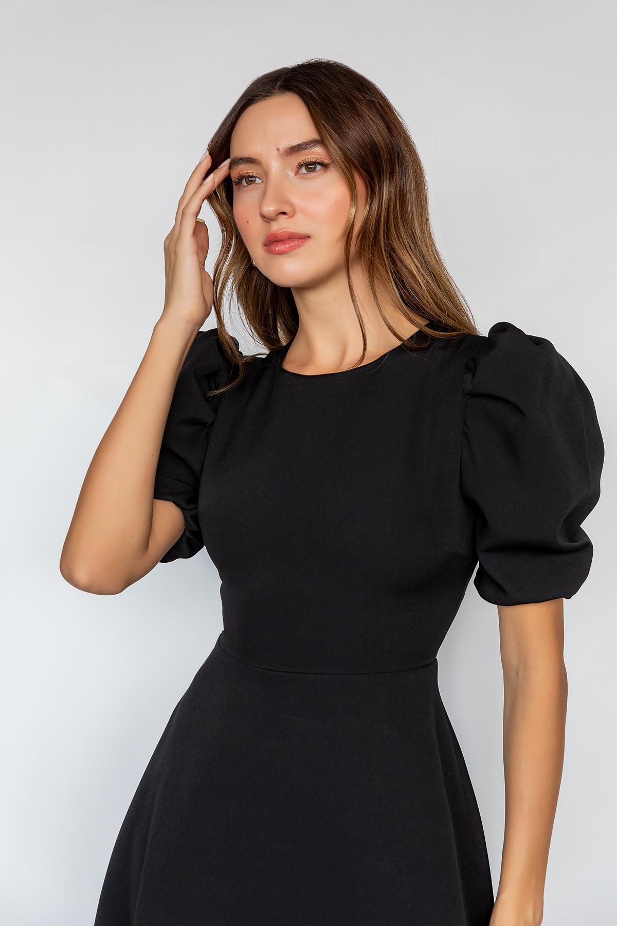 lovebox Balon Kol Yuvarlak Yaka Esnek Scuba Krep Kumaş Midi Boy Kloş Kesim Siyah Abiye Elbise ...