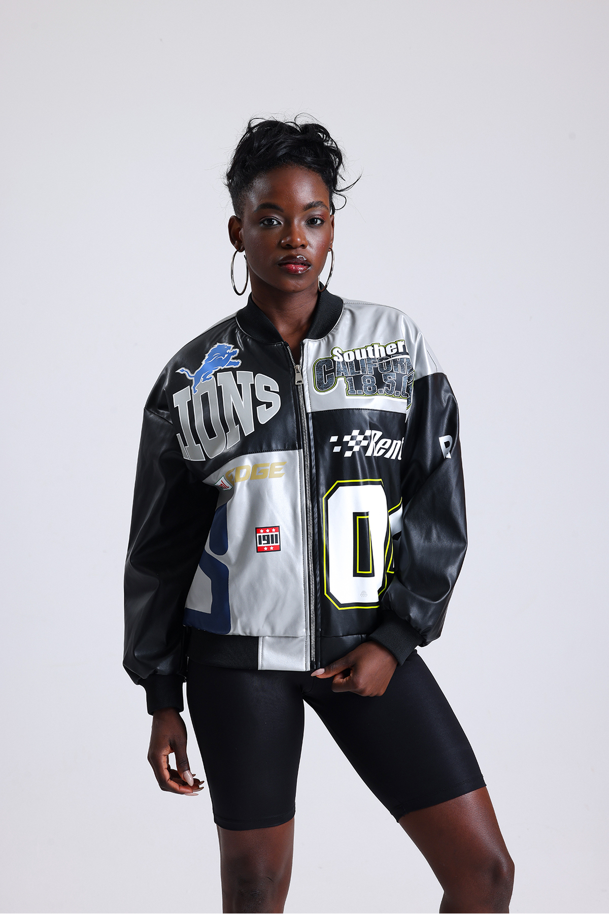 Black Level Kadın Oversize Baskılı Deri Motorcu Montu Fermuarlı Yarışçı ...