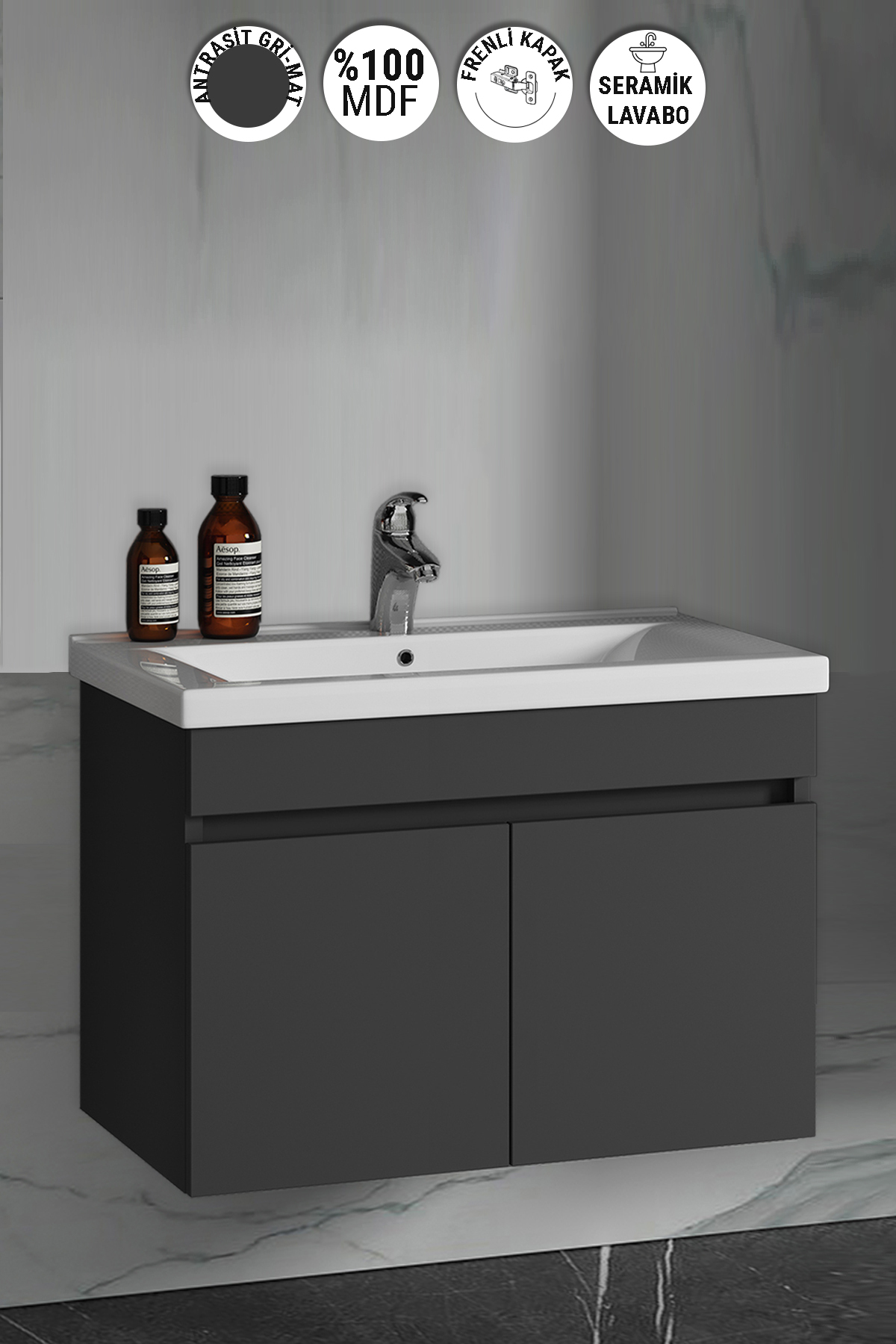 ÖZCEDEN Çiğdem 80 Cm Antrasit Gri Mat MDF Seramik Lavabolu Asma Banyo ...