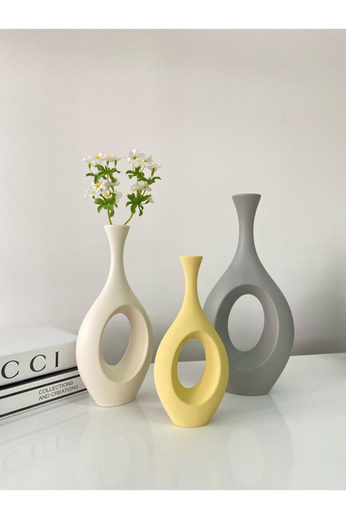 stilinbu Seramik Bohem Hitit Vazo 3' Lü H253035 (GRİ-KIRIK BEYAZ-SARI ...