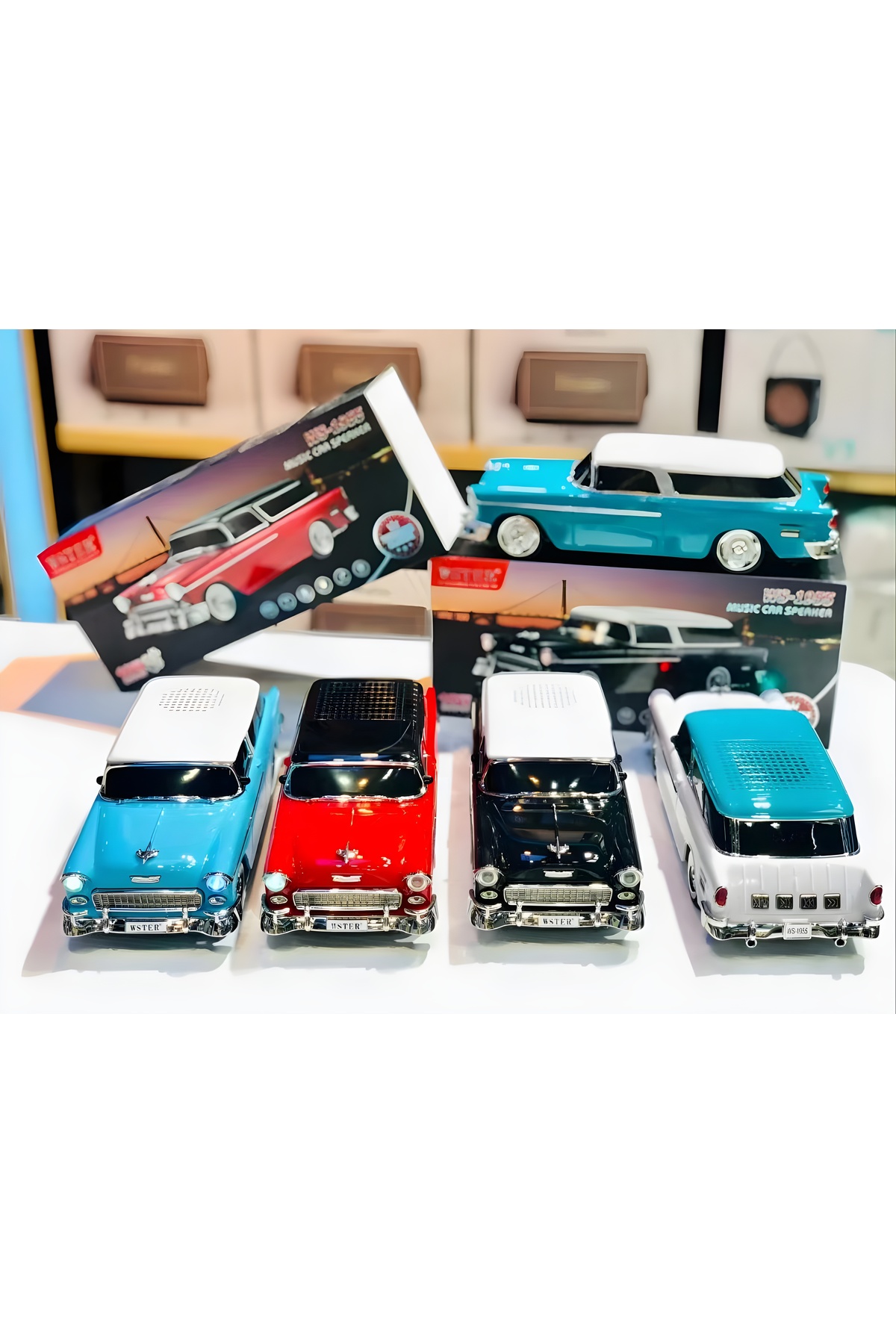 MEGAMUS WS-1955 Chevrolet araba şekilli kablosuz BT hoparlör TF USB FM Handsfree TWS LED şarj ...