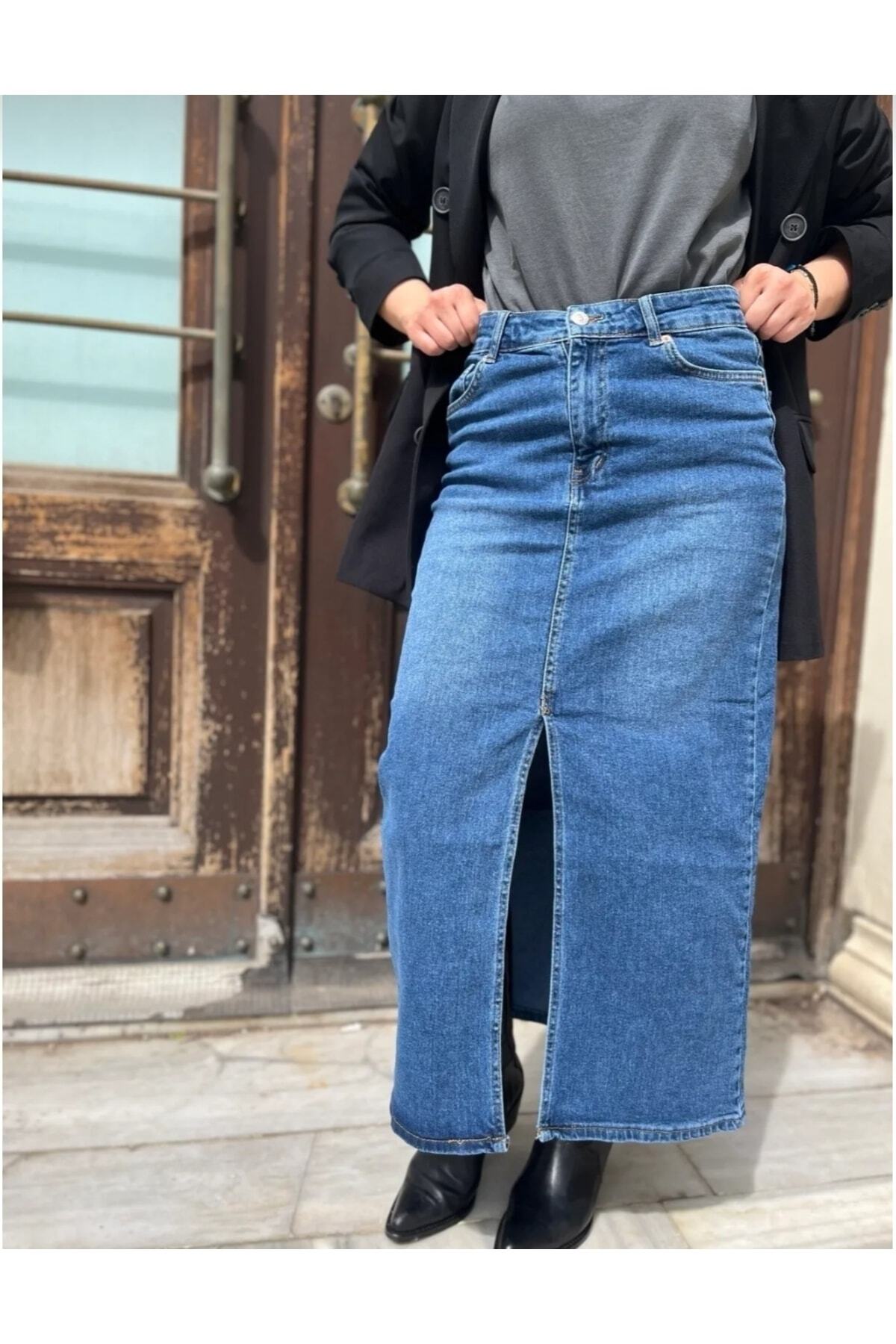 MİNEL ALA MODA Mavi Jean Önden Yırtmaçlı Denim Kot Maxi Etek Fiyatı ...