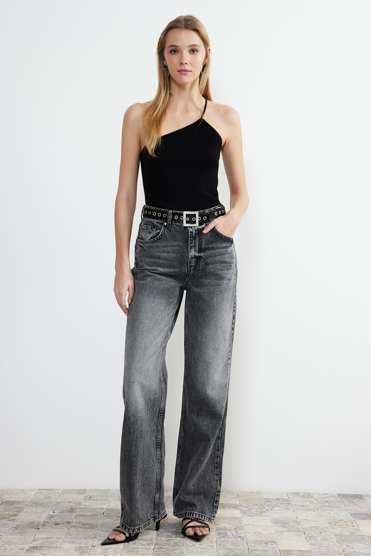 Trendyolmilla Gri More Sustainable Soluk Efekt Vintage Yüksek Bel Wide ...