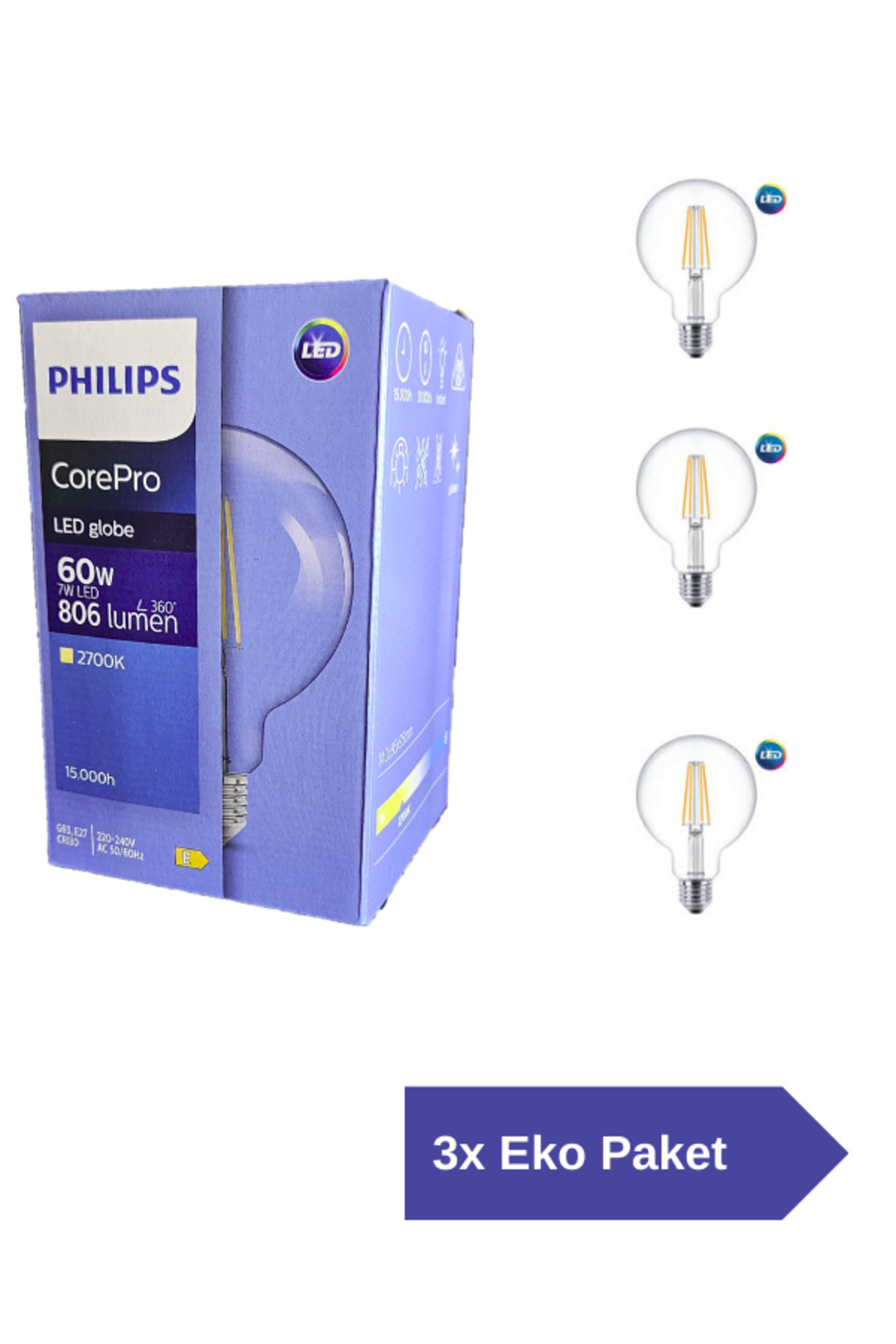 Philips Filament CorePro Rustik Ampul 7-60W E27 G93 806 LUMEN ( 3x Eko ...