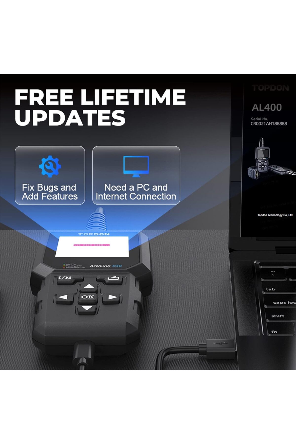 Topdon AL400 OBD2 teşhis cihazı, 10 OBD2 fonksiyon, motor kontrol ...