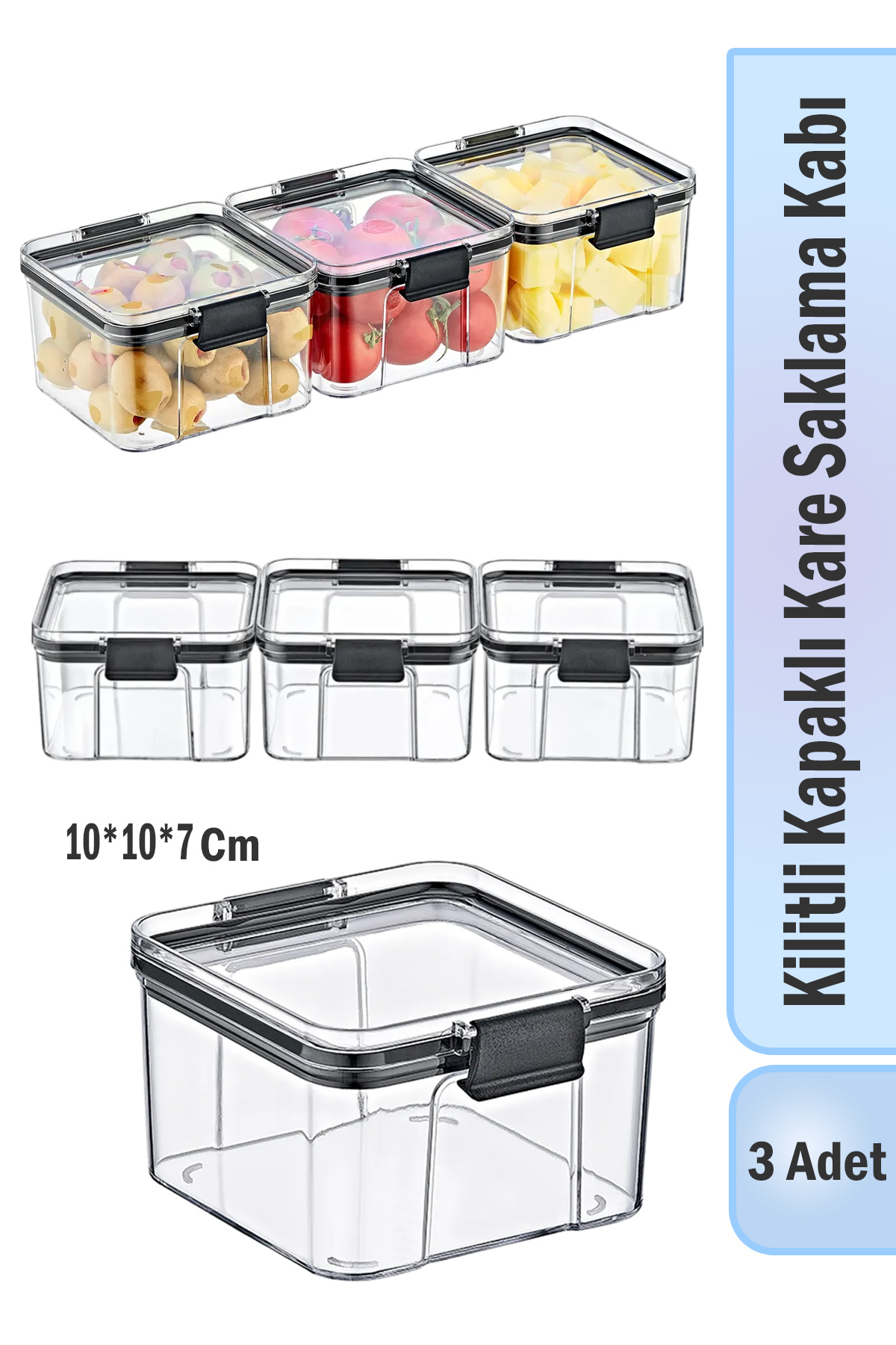 Evonox 3 Adet Akrilik Kilitli Kapaklı Kare Saklama Kabı 500ml, 500ml 3'lü Kilitli Saklama Kabı ...