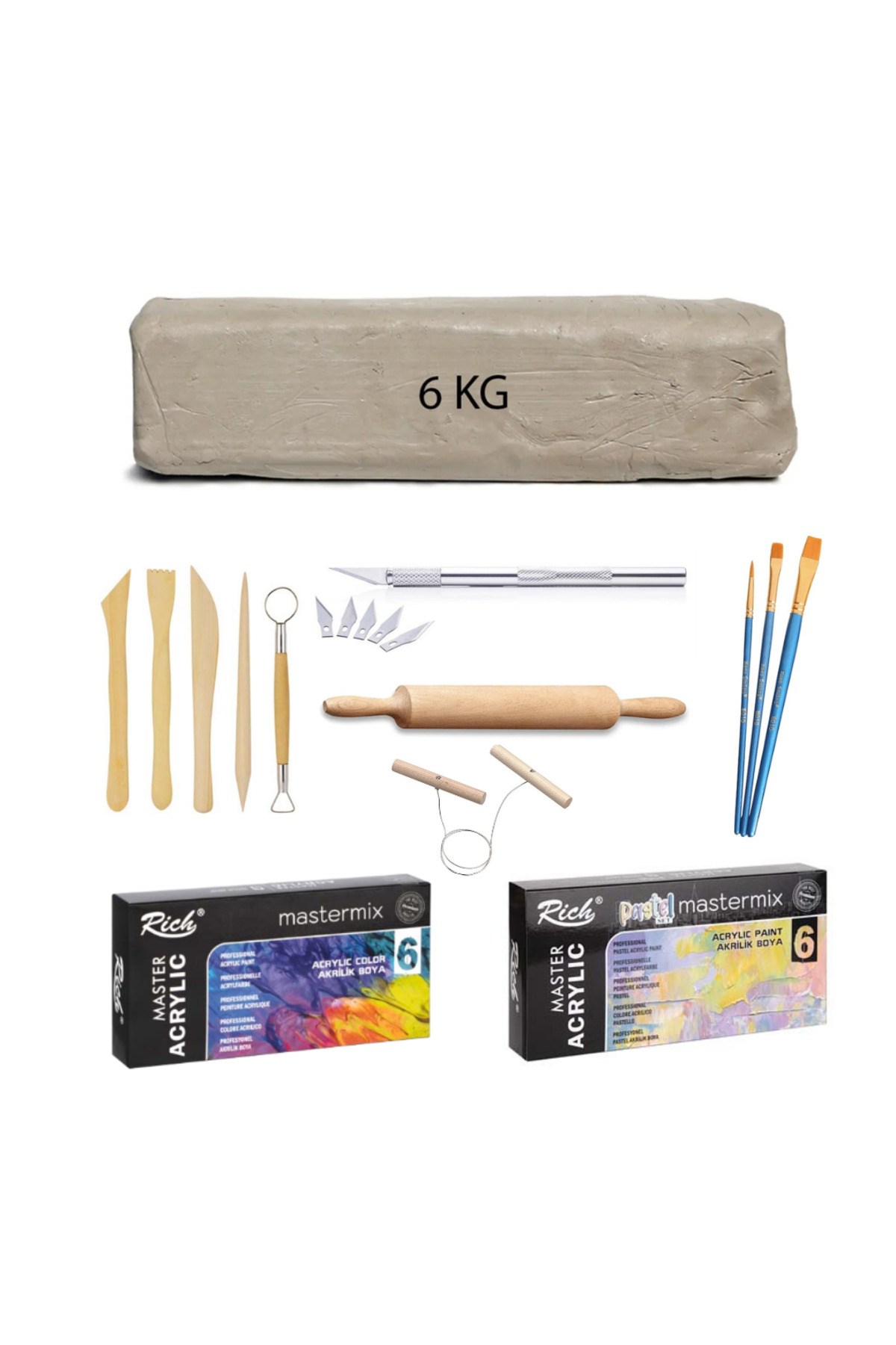 New Art Hobby Seramik Hamuru 6 kg+Rich Mastermix 6 Ana + 6 Pastel Renk+ ...