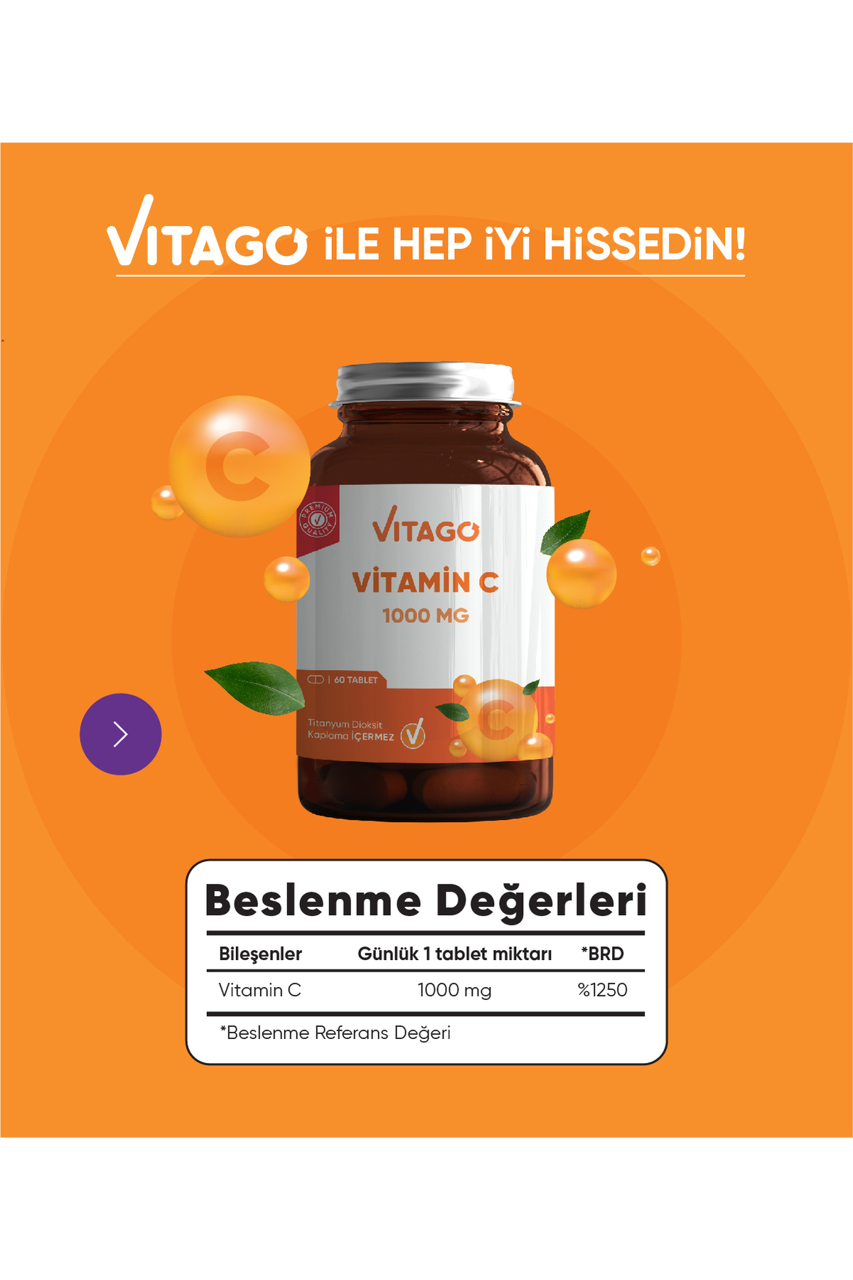 Vitago Premium Vitamin C 1000 MG İçeren Tablet Takviye Edici Gıda 60'lı ...