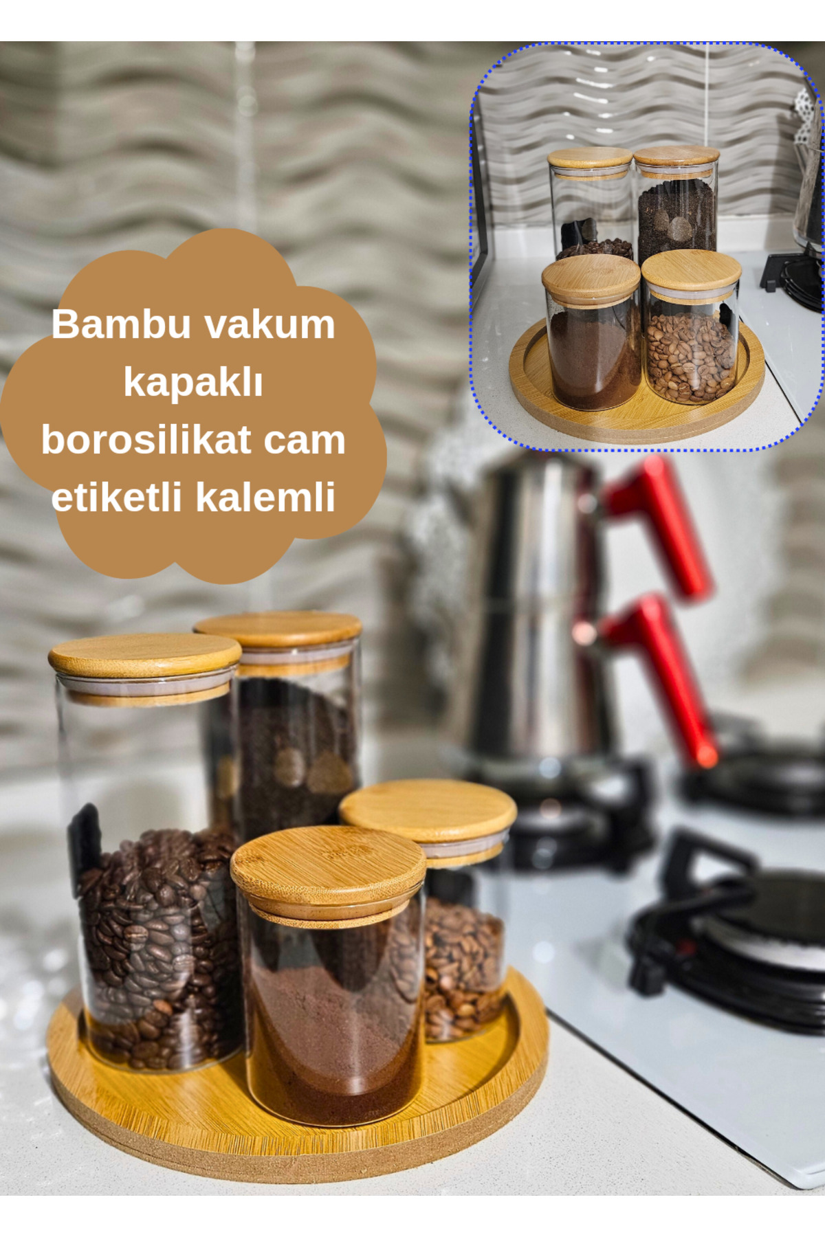 BRE HOME 5 parça tezgah üstü vakum kapaklı cam çay kahve seker kavanozu ...