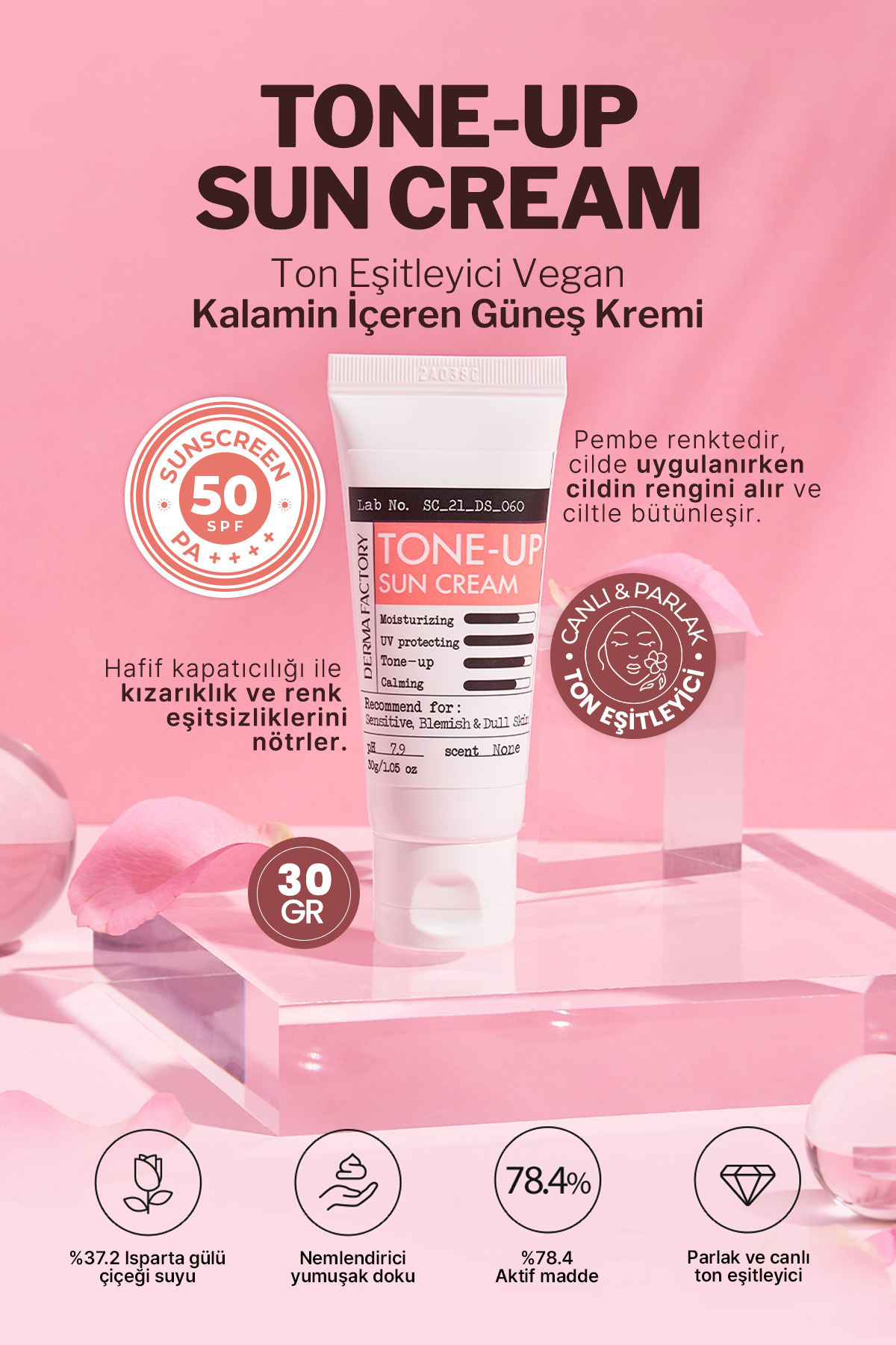 DERMA FACTORY Ton Eşitleyici Pembe Tonlu Kalamin İçeren Vegan Güneş ...