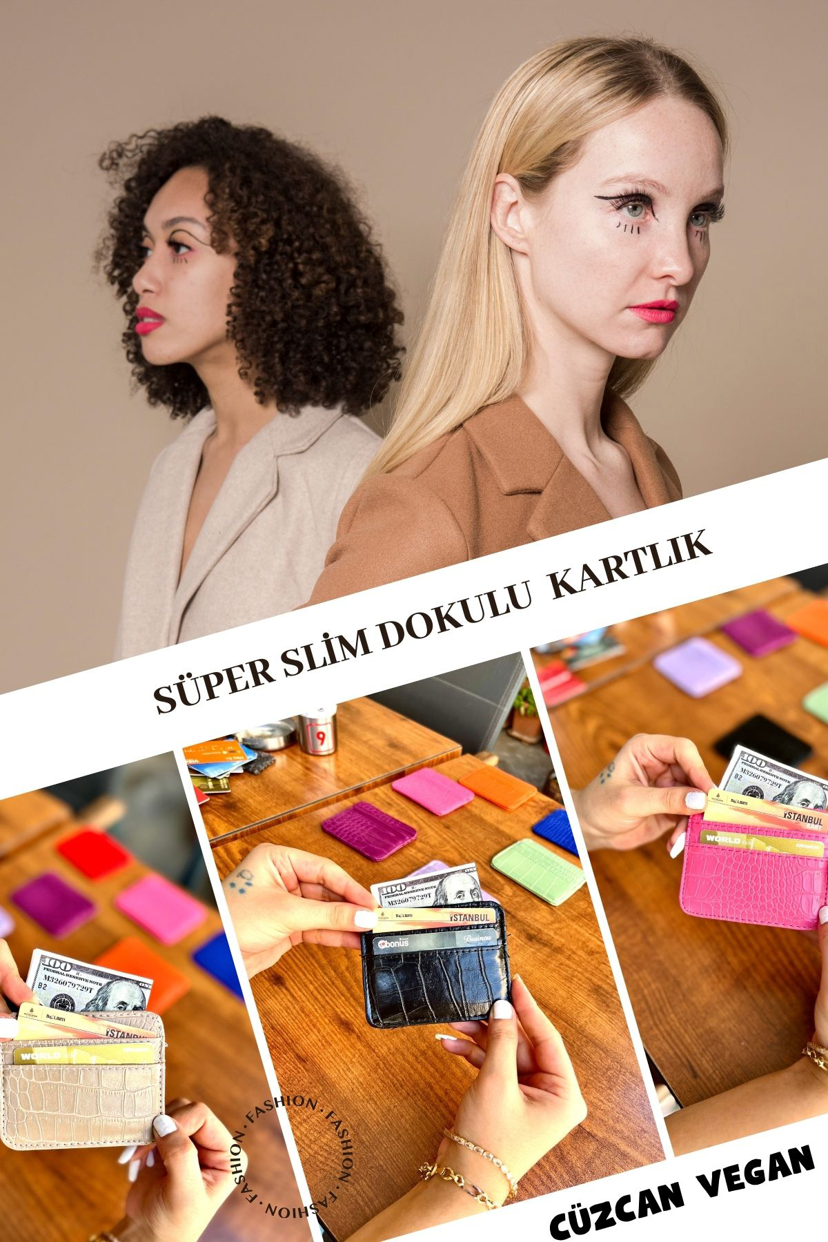 CüzCan Mimi Siyah Vegan Deri Kadın Süper Slim Çift Taraflı Kartlık ...