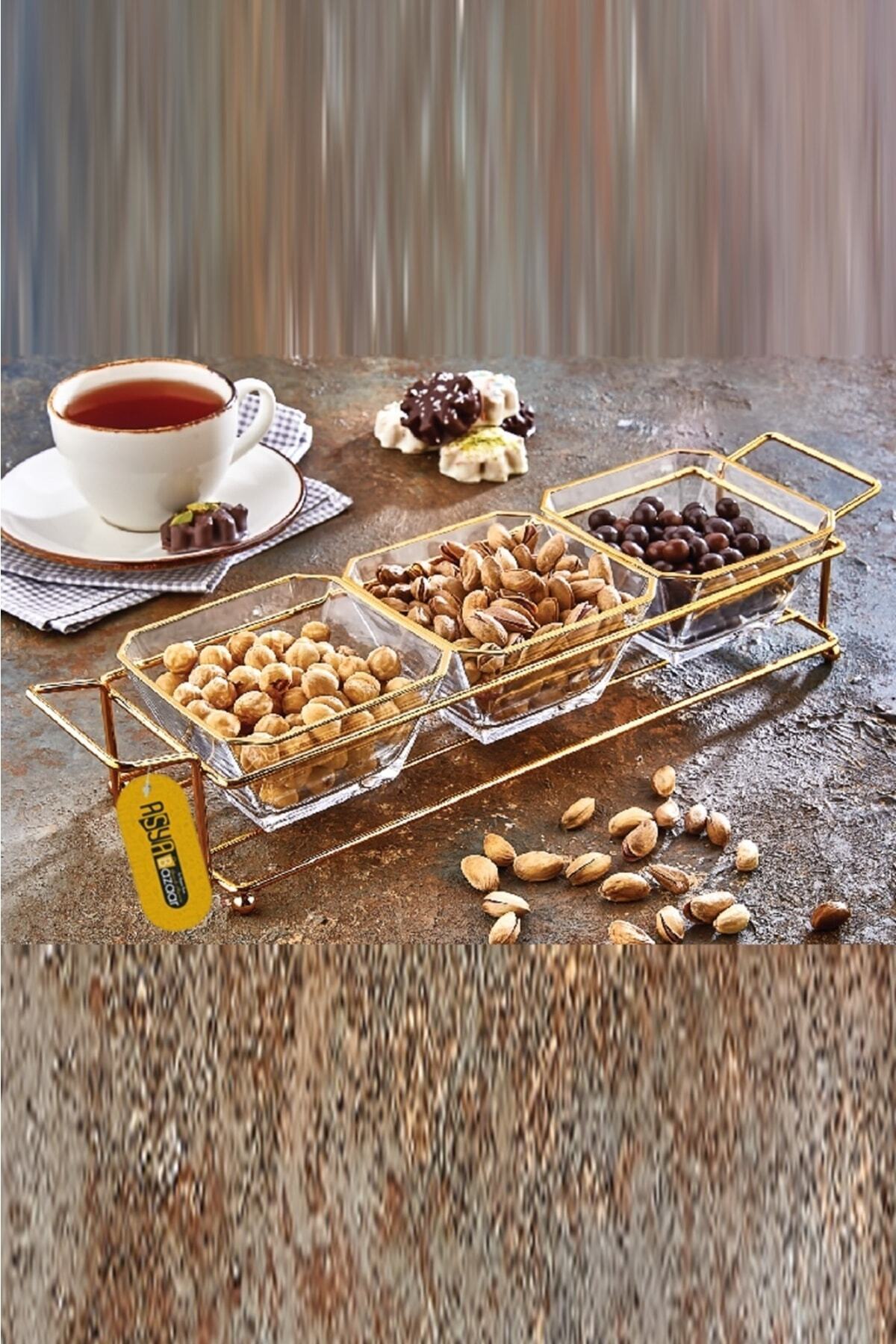 ASYA BAZAAR 3 Compartment Glass Breakfast Snack Bowl with Gold Stand ...