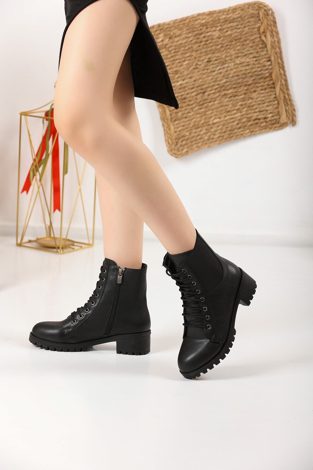 CHECKPOT Siyah Kadın Lastik Ve Fermuar Detaylı Kısa Günlük Kadın Bot ...