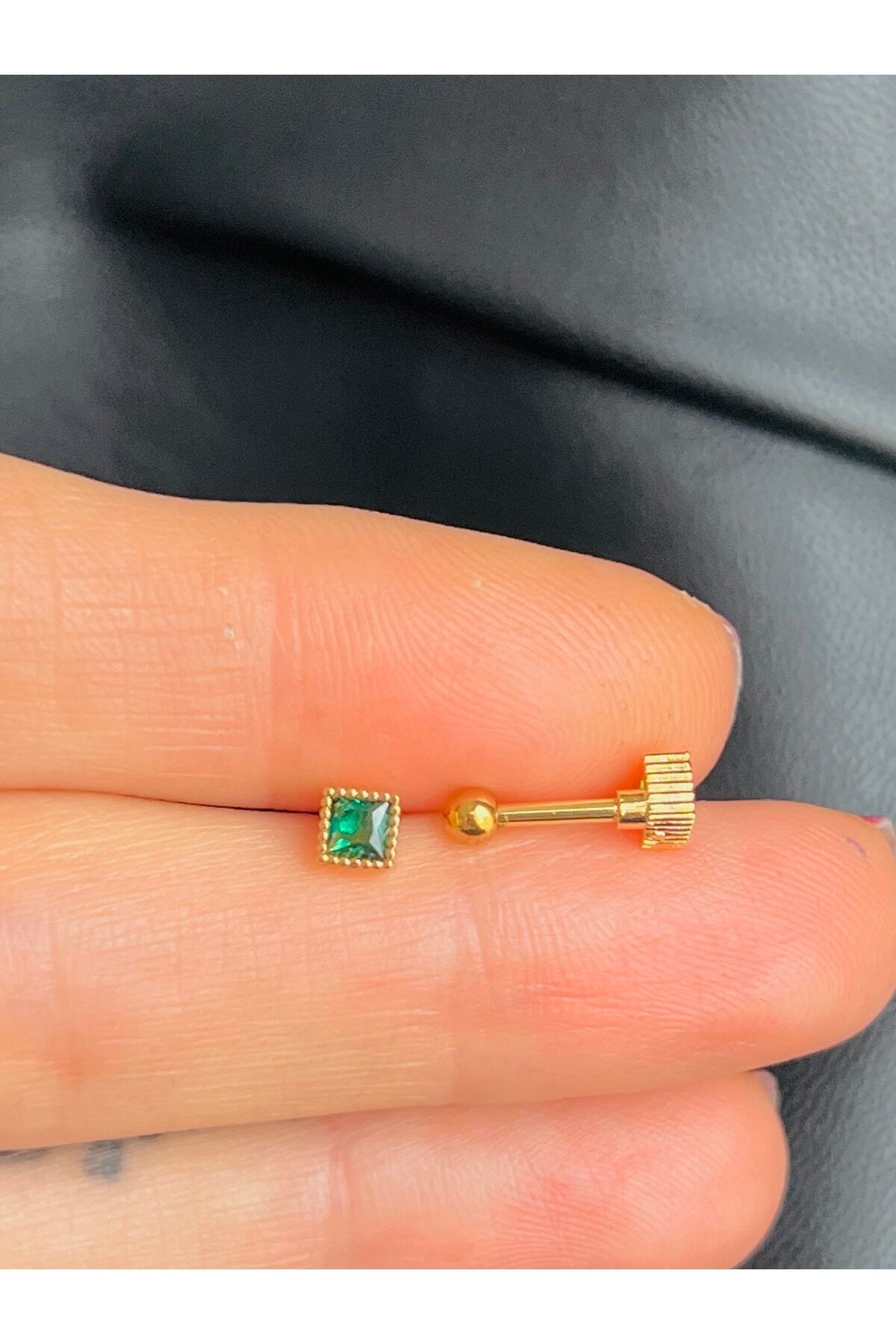 BY DİLEK ÇETİN ACCESSORY Çelik Yeşil Tek Taş Kıkırdak Helix Tragus ...