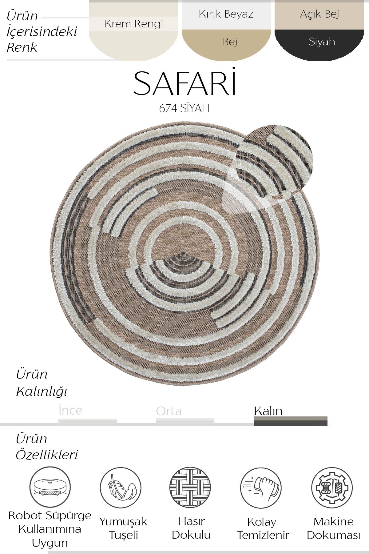 Cool Halı Safari 674 Siyah İskandinav Yuvarlak Dekoratif Etnik Halı ...