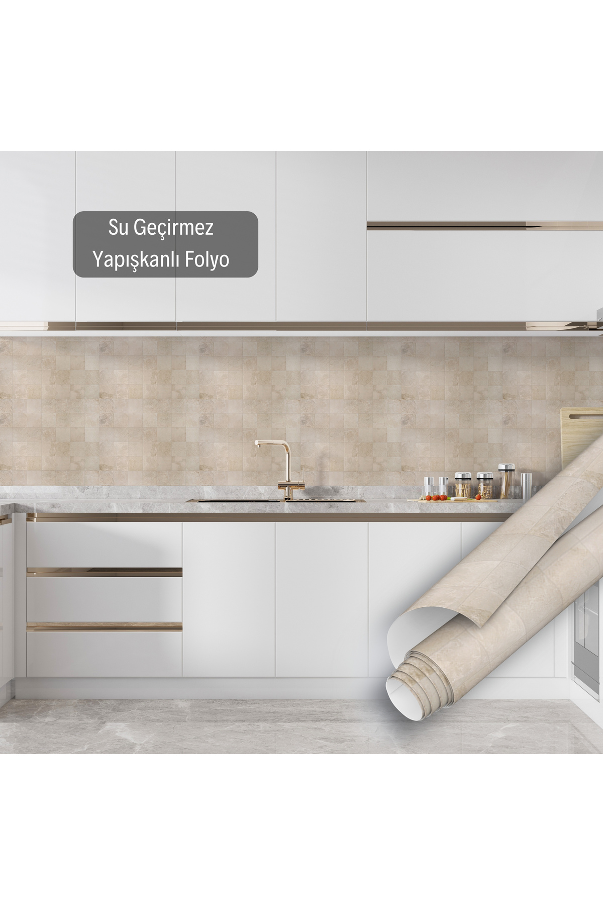 Dekoros Bej Fayans Görünümlü Yapışkanlı Folyo, Dolap, Tezgah Arası ve ...