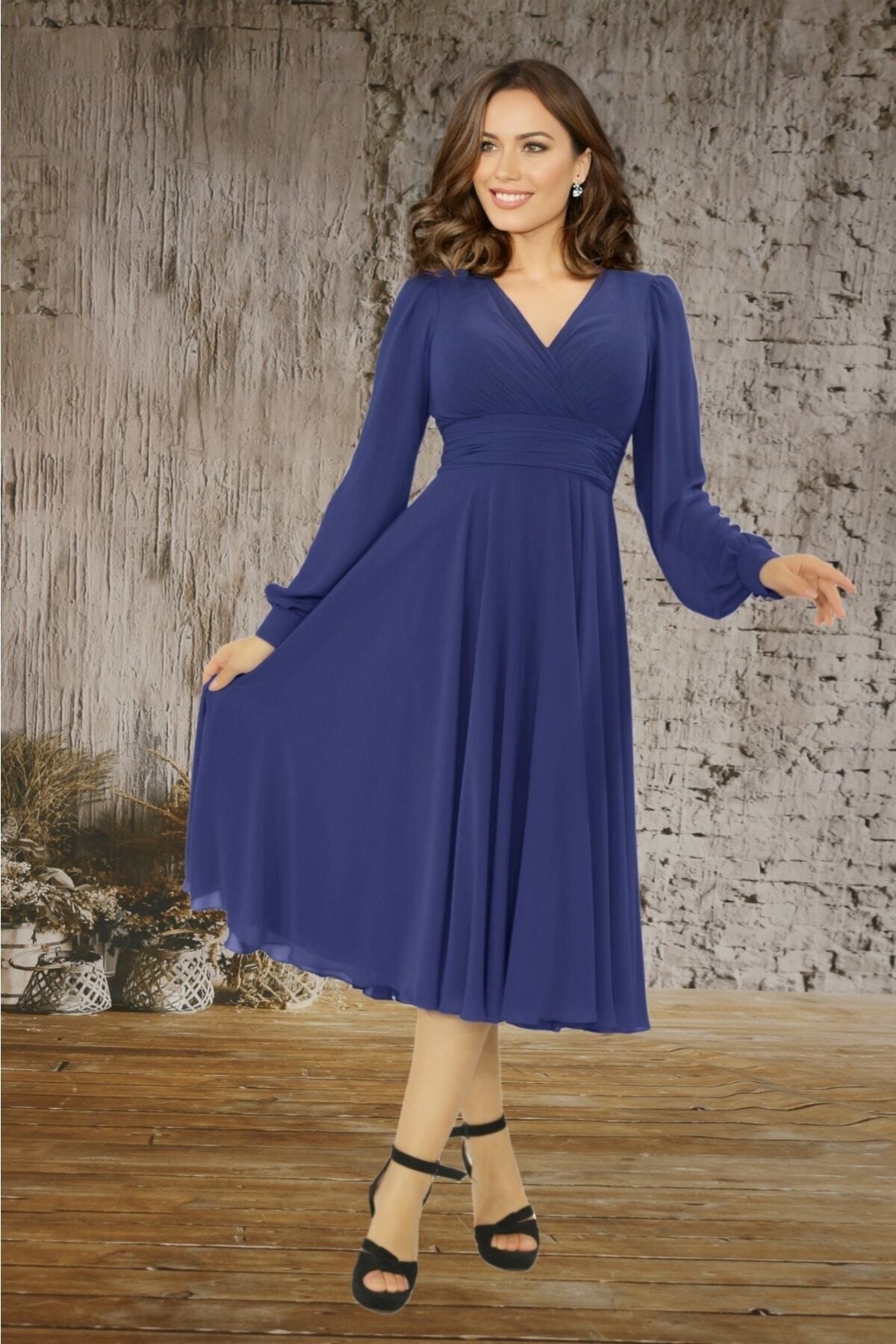 FaBe Fashion Uzun Kollu Sırtı Kapalı Kruvaze Yaka Midi Şifon Elbise ...