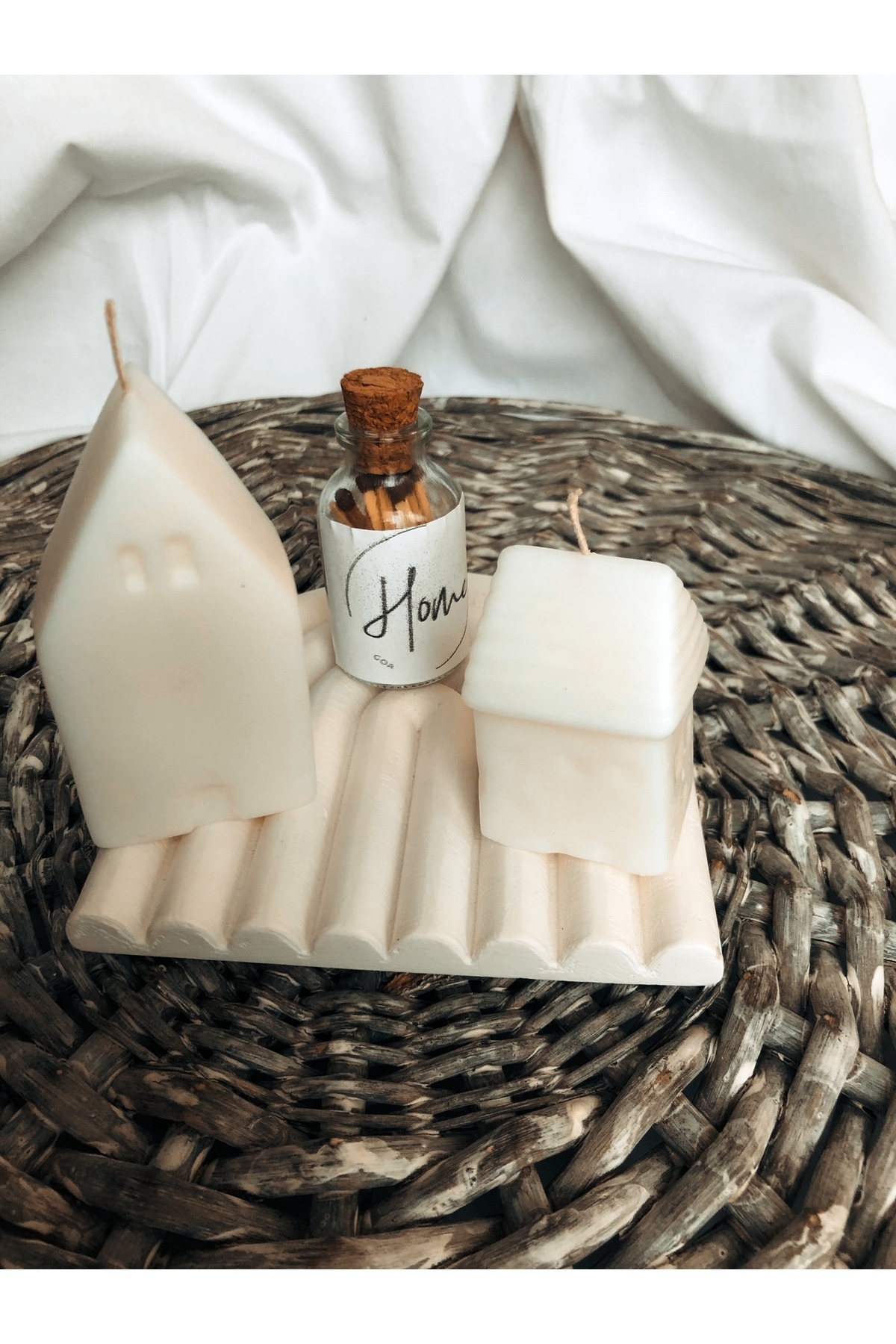 GOA Dekoratif Set Gökkuşağı Sunum Tabağı - Ev Şeklinde Doğal Soya Mumu - Cam Şişede Kibrit ...