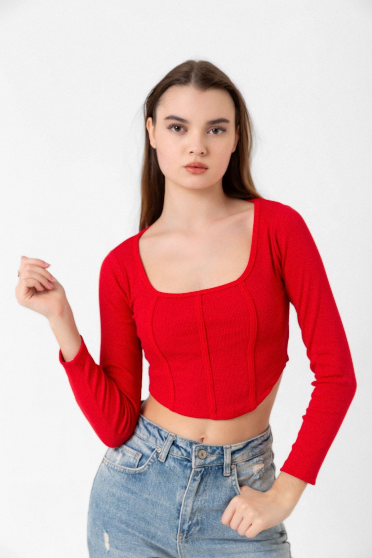SHAWY Kadın Kırmızı Madonna Yaka Önü Biyeli Uzun Kol Kaşkorse Badi Crop ...
