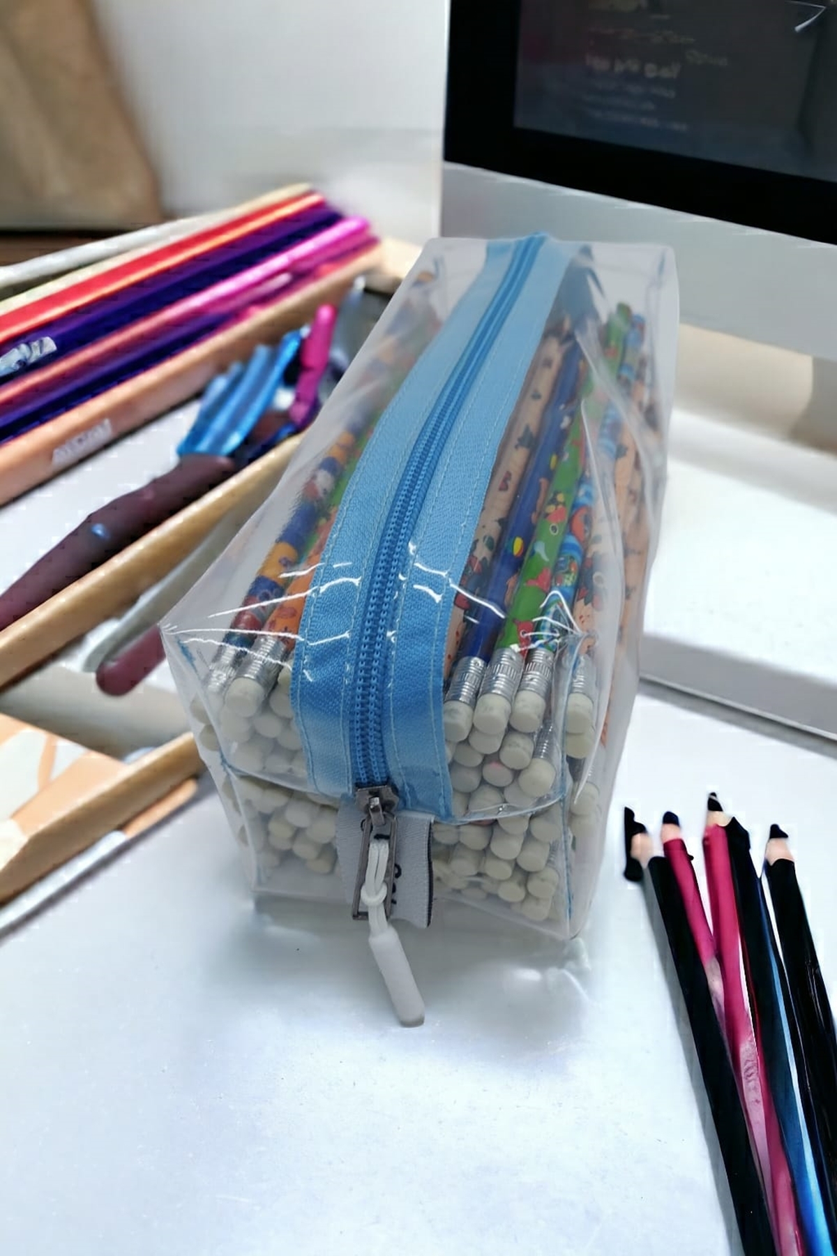 çamdertekstil Boya Kalemi Kutusu Tek Bölmeli Şeffaf Turkuaz Kalemlik ...