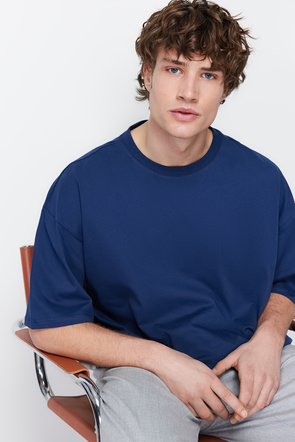 Trendyol Collection Navy Blue Oversize Crew Neck 100% Cotton T-Shirt ...