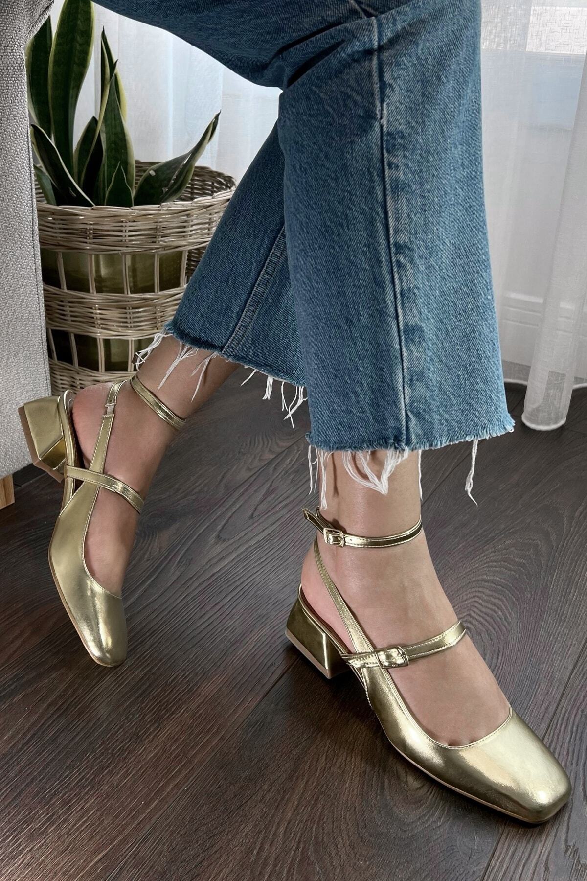 POLKA STORE Kadın Mary Jane Metalik Gold Dore Altın Arkası Açık Kare ...