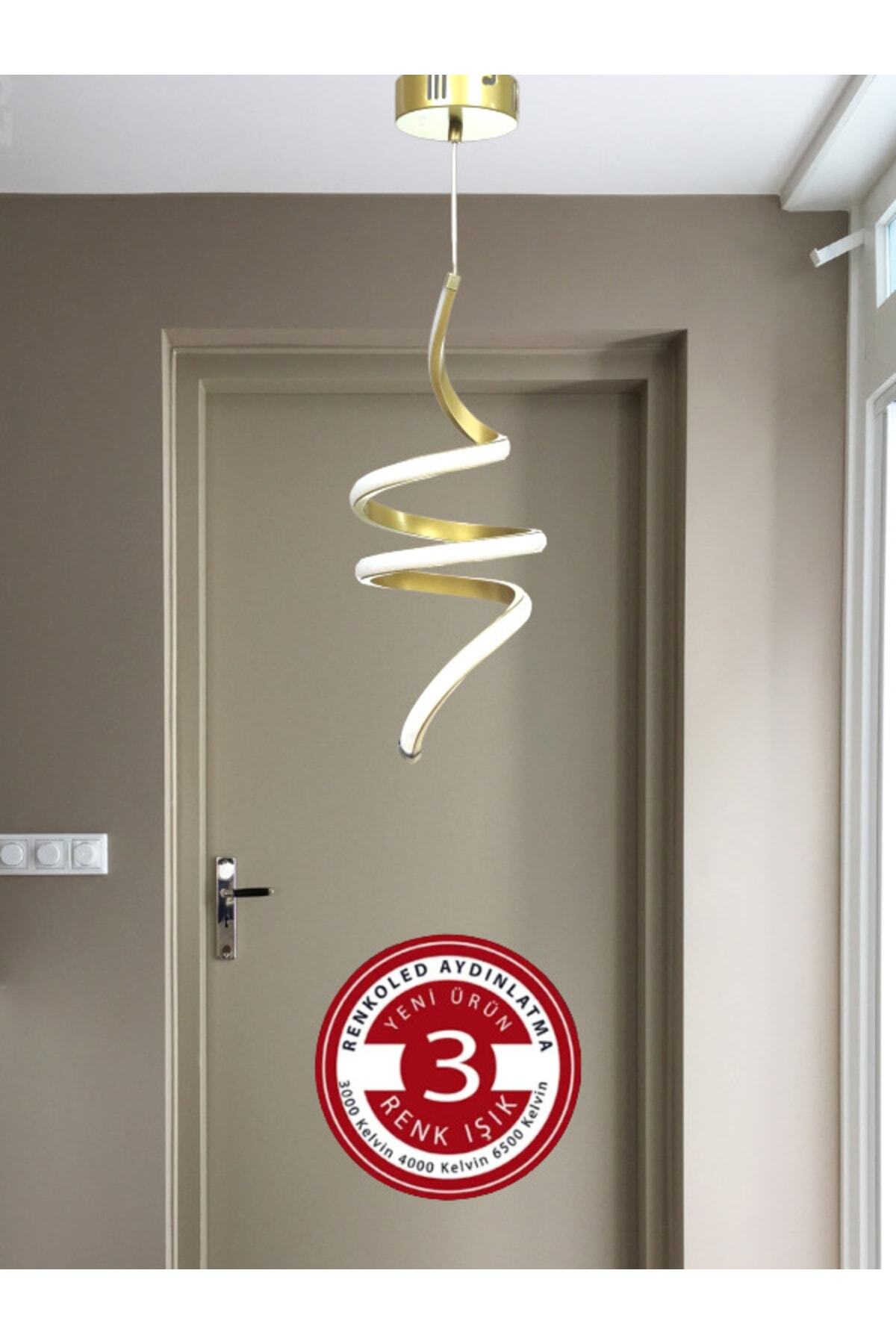 Renkoled Aydınlatma 3 Renk Işıklı Modern Sarkıt Led Avize Gold Kasa ...