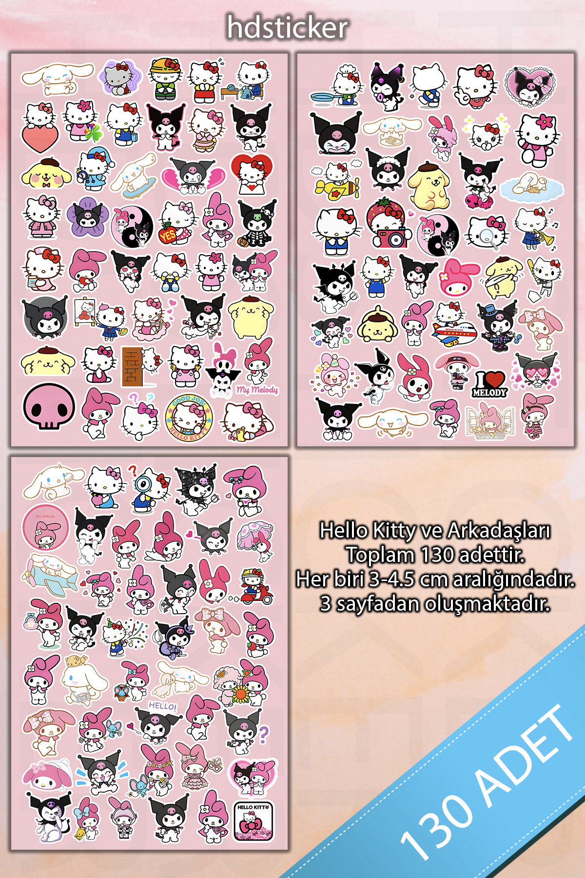 hdsticker Hello Kitty Ve Arkadaşları Kuromi My Melody Cinnamoroll 130 Adet Bullet Journal Etiket ...