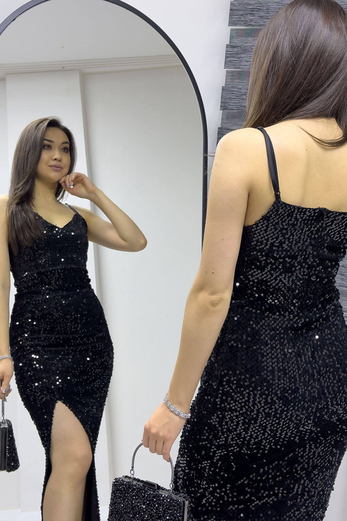 Elbise Delisi Siyah Ayarlanabilir Askılı Pul Payet Tasarım Yırtmaçlı ...