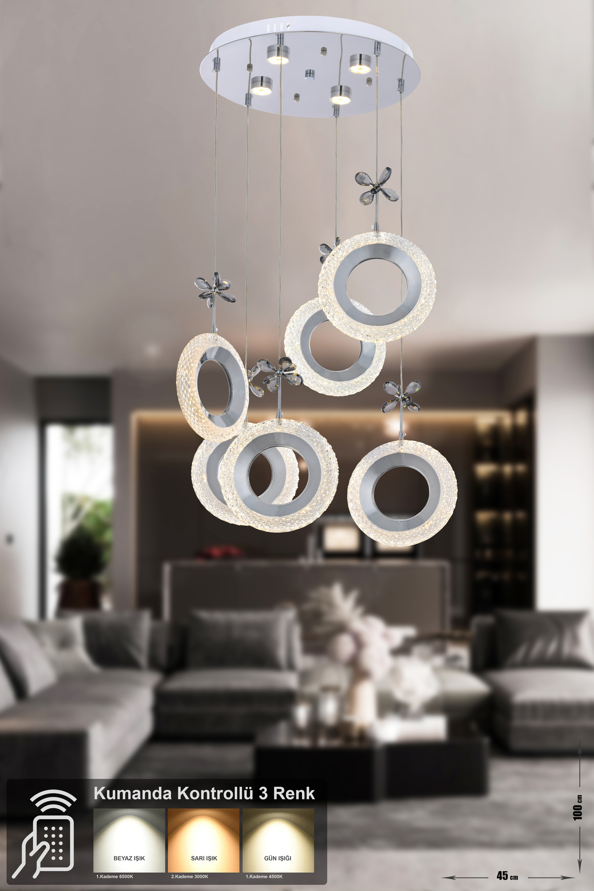 Avizemoda Ribera 6'lı Power Ledli Kumandalı Modern Lüks Sarkıt Avize, 3 ...