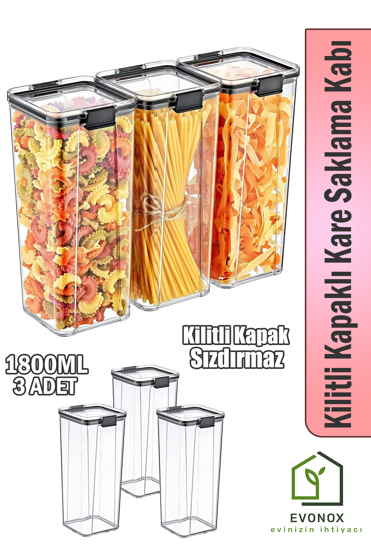 Evonox Akrilik Kilitli Kapaklı Kare Saklama Kabı 1800ml 3 Adet, 1800ml 3'lü Kilitli Saklama Kabı ...