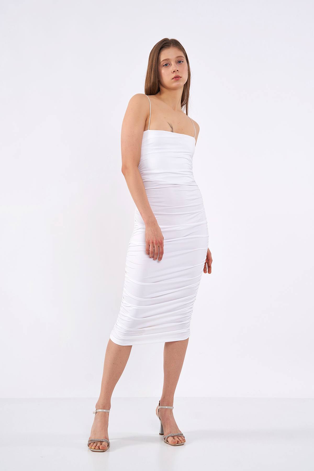 Esse Jeffe Kadın İnce Askılı Drapeli Midi Abiye Elbise Vücuda Oturan Mezuniyet Günlük Spor ...