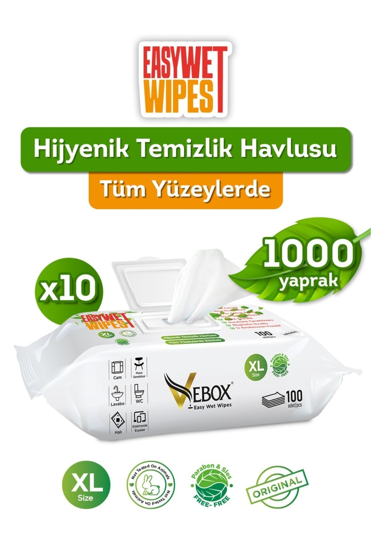 VEBOX Easy Wet Wipes Yüzey Temizleme Havlusu 10x100 (1000 Yaprak ...