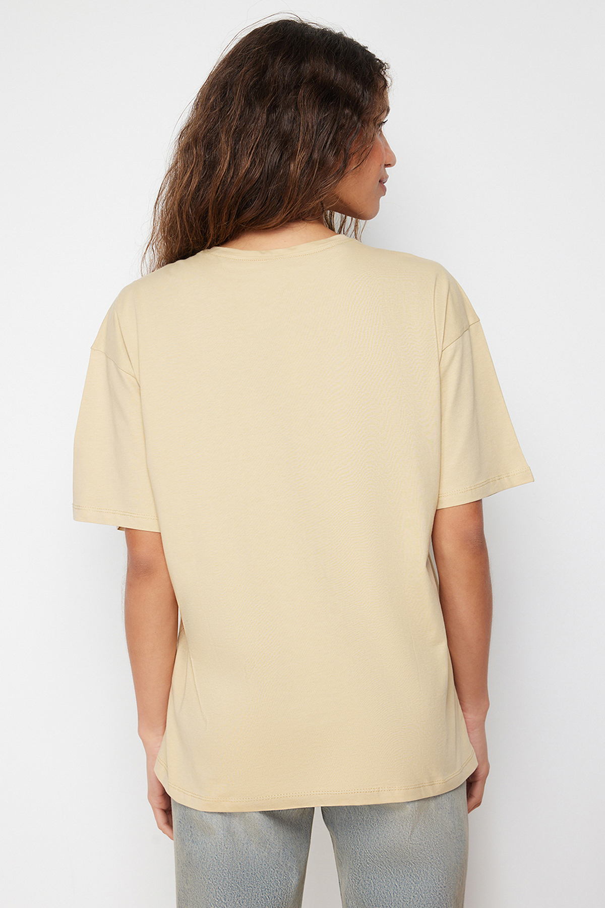 Trendyol Collection Dark Beige Crew Neck 100% Cotton Wide T-Shirt ...
