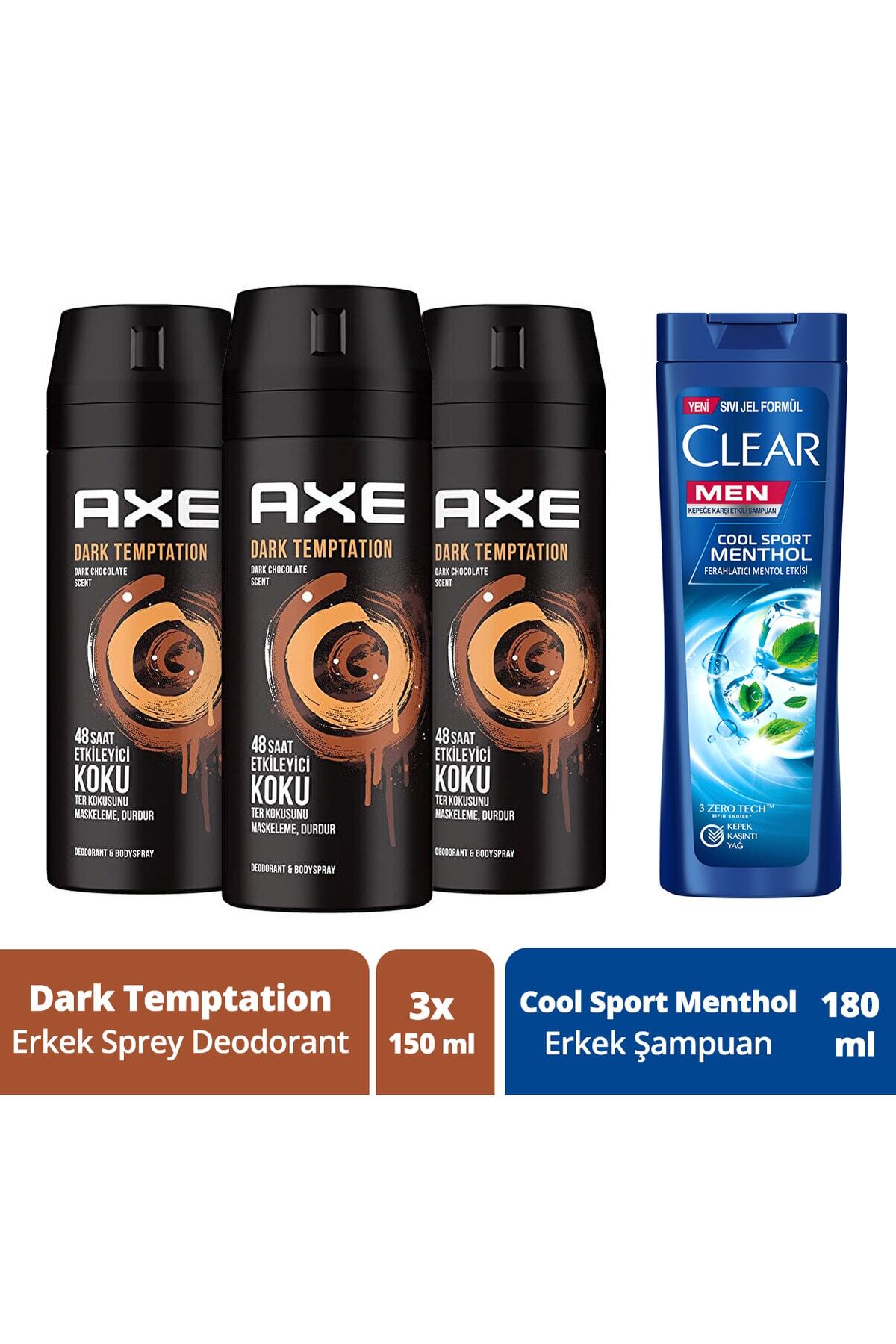 Axe Erkek Sprey Deodorant Dark Temptation 48 Saat Etkileyici Koku 150 ml X 3 + Clear Şampuan 180 ...