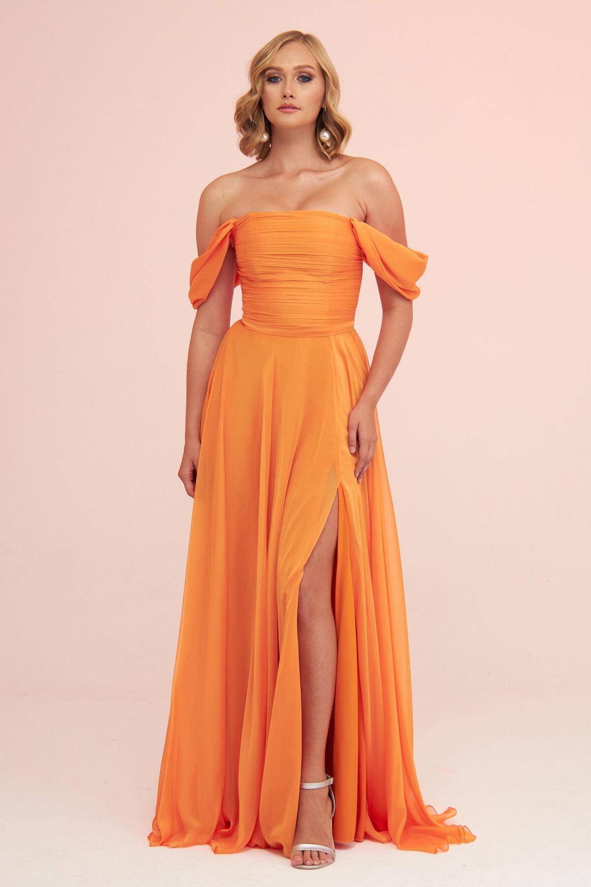 Carmen Orange ећifon Dгјеџгјk Kollu Uzun Abiye Elbise Fiyatд Yorumlarд