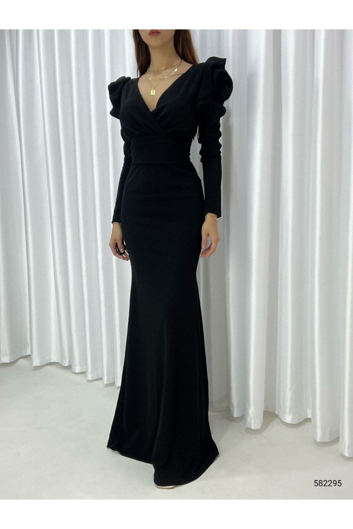 Masspera Kruvaze Yaka Omuzları Fırfır Detay Ithal Krep Kumaş Maxi Boy Abiye Elbise Fiyatı ...