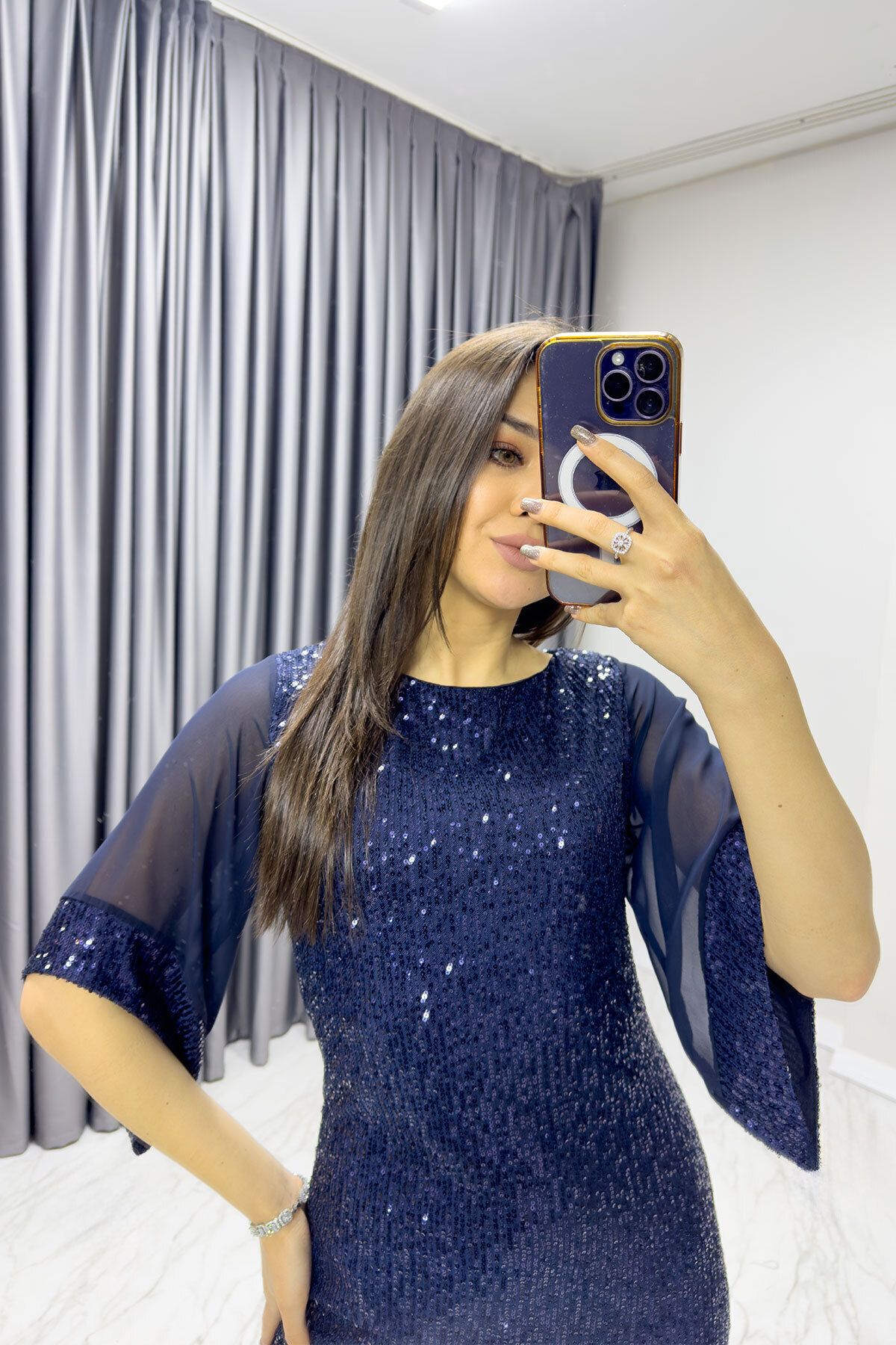 zks grup tekstil Women's Navy Blue Midi Length Sequin Chiffon Design ...