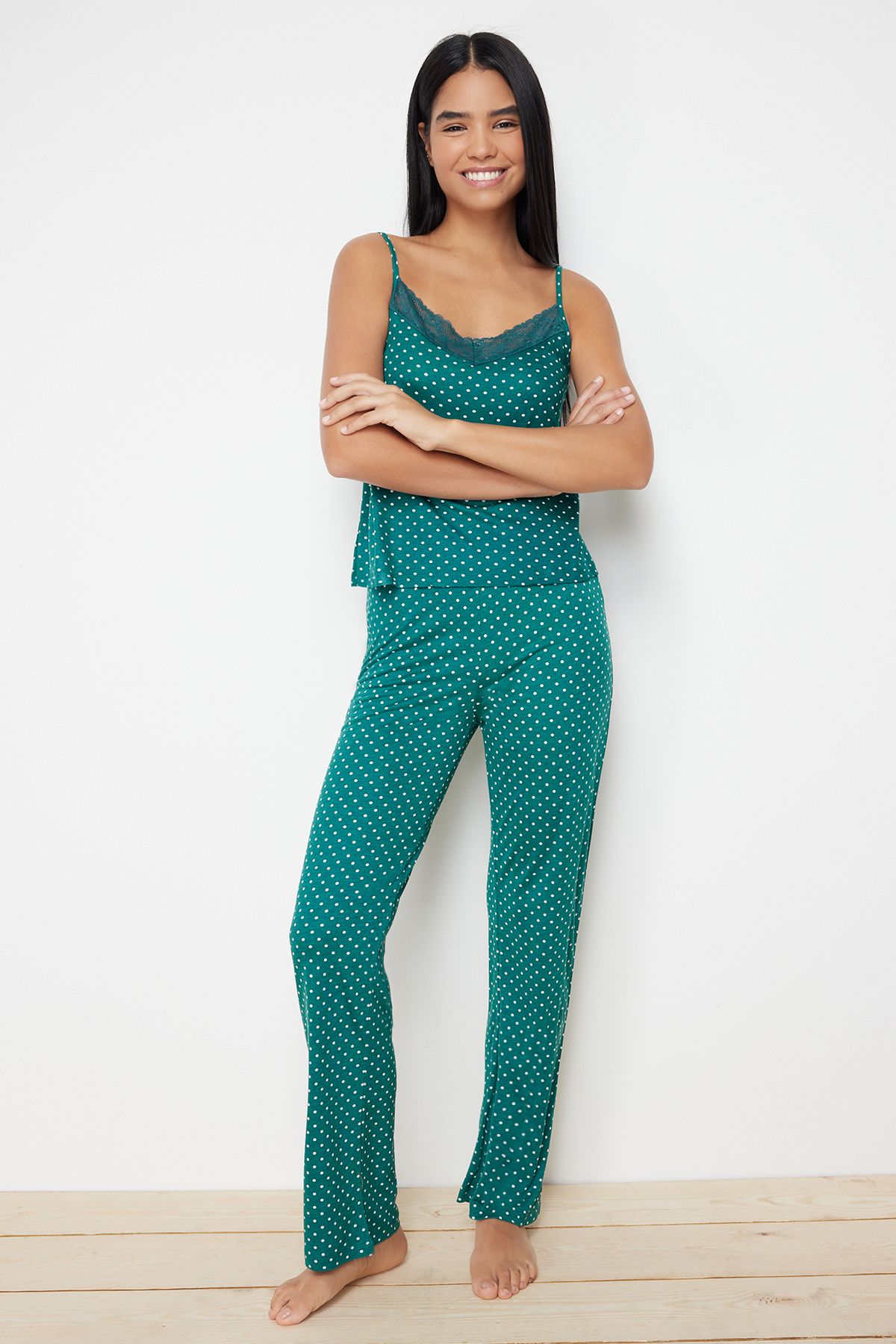 Trendyol Collection Pajama Set Green Polka Dot Trendyol