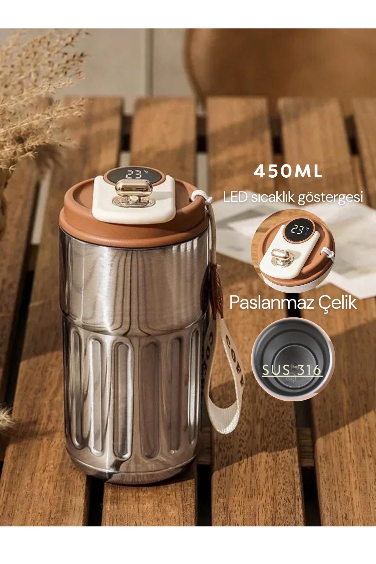 casno Dijital Göstergeli Paslanmaz 316 Çelik Termos 450mL Kaydırmaz ...