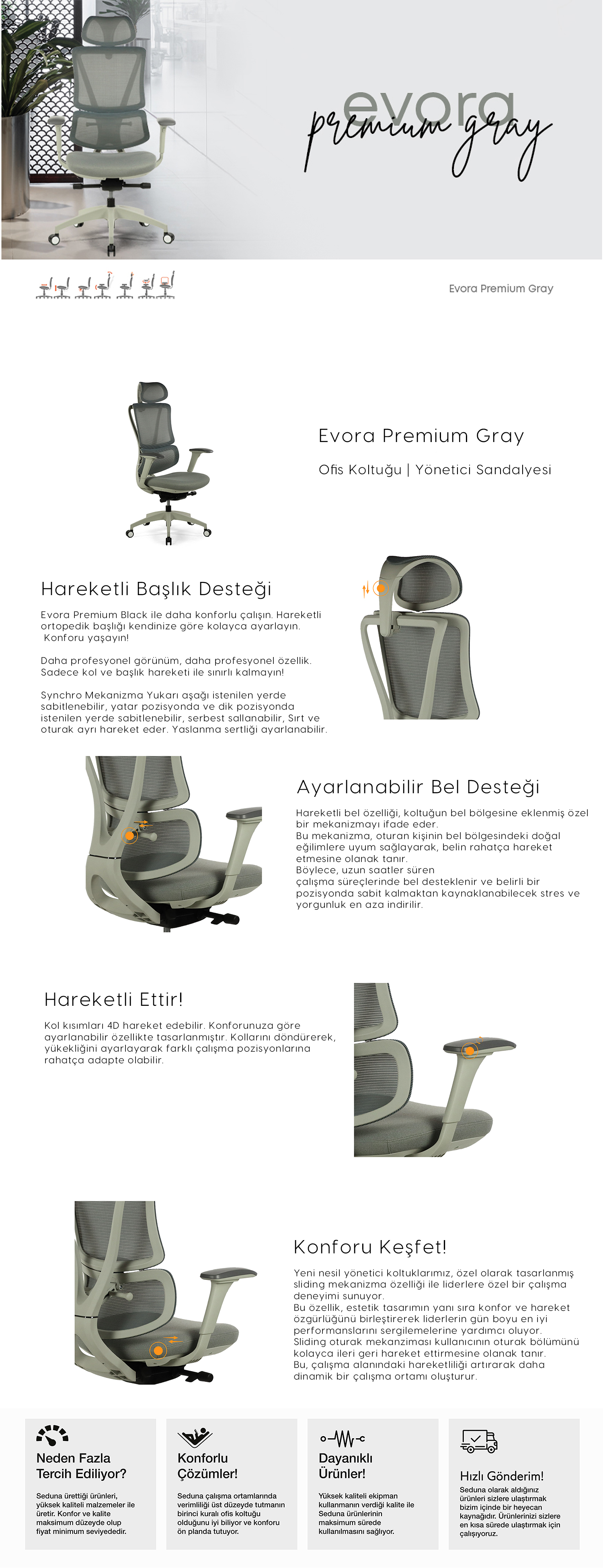 Seduna Evora Premium Gray Ofis Koltuğu | Yönetici Koltuğu - Fiyatı ...