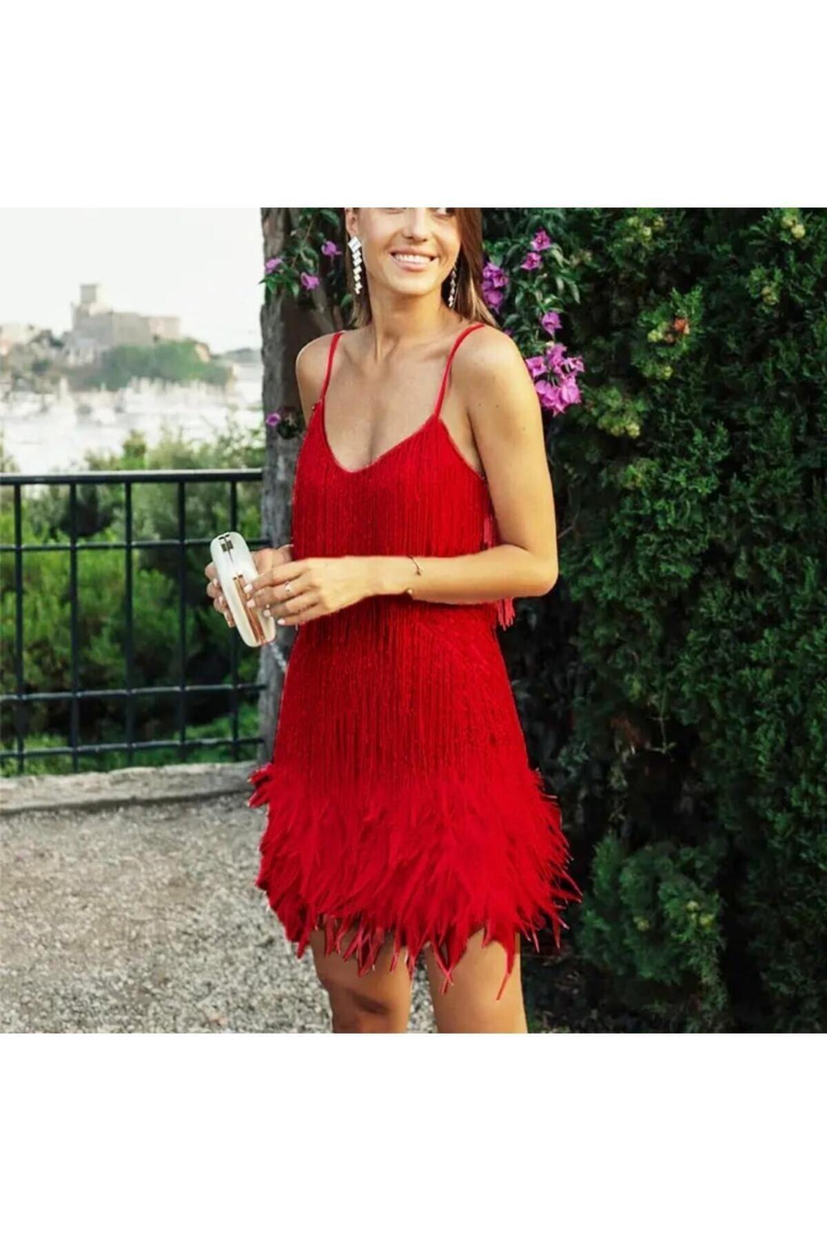 DESİGNEDBYD Kadın Dekolteli Parıltılı Tüylü Mini Abiye Kına Gecesi ...