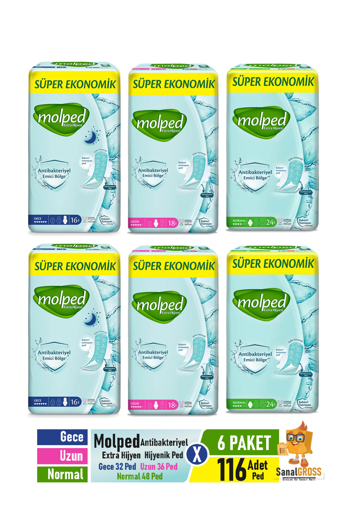 Molped Extra Hijyenik Ped (Gece + Uzun + Normal) x 6 Paket Fiyatı ...