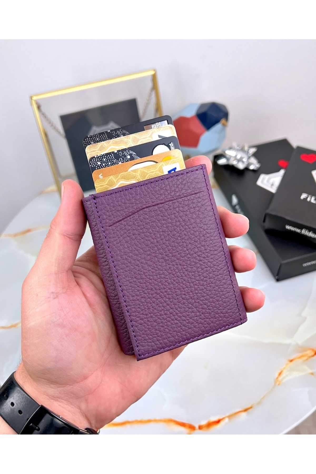 Fil Deri Mechanical Wallet Genuine Leather Automatic Card Holder- Trendyol
