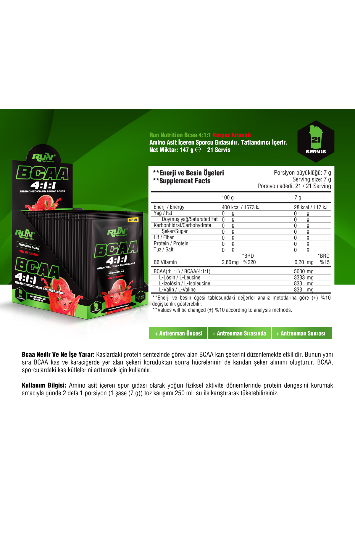 Run Nutrition BCAA 4.1.1 - 21 Adet - Karpuz Aromalı - 147g - Tek Kullanımlık Paketler - Fiyatı ...